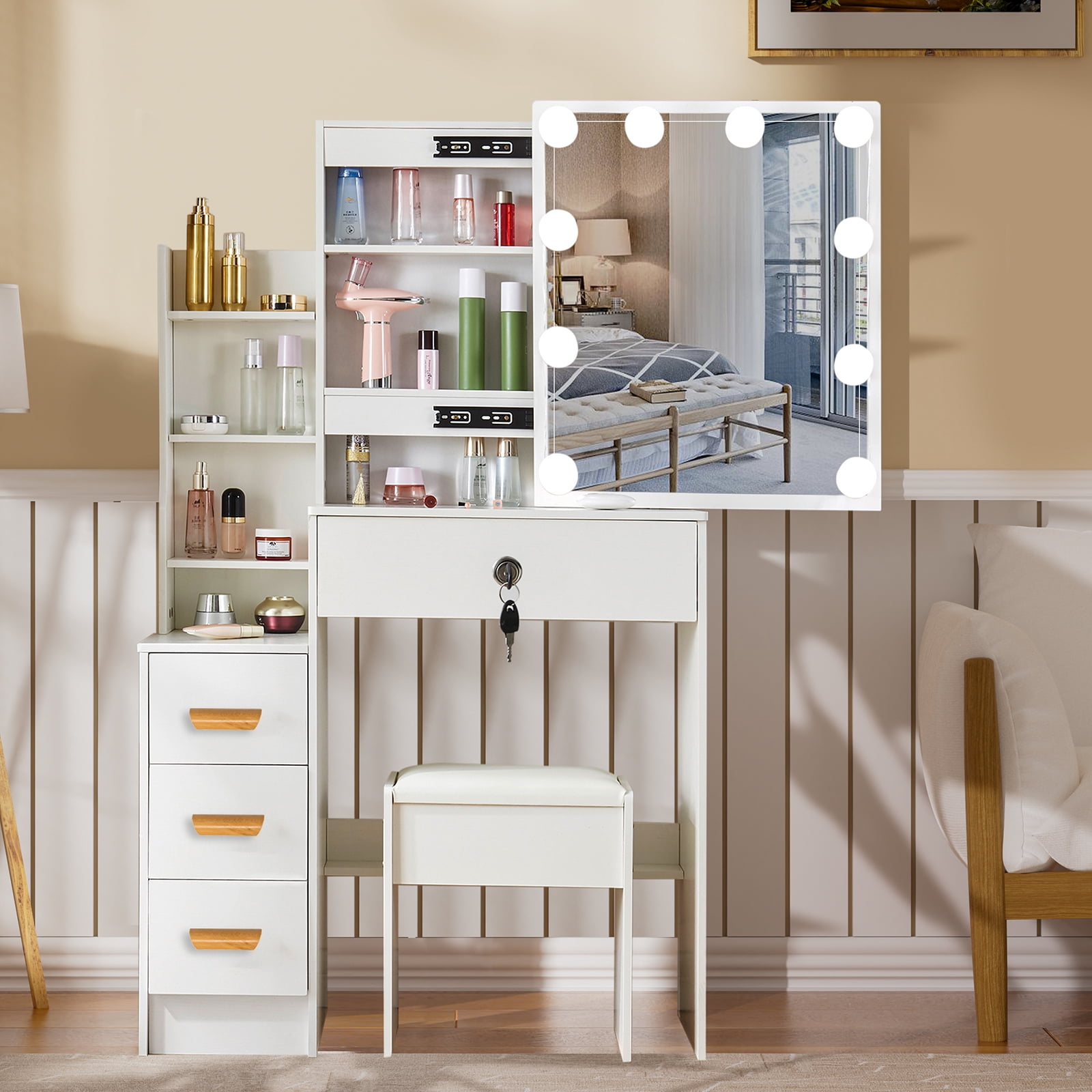 Caulitar Makeup Vanity Desk with Mirror and Lights, Large Drawer ...