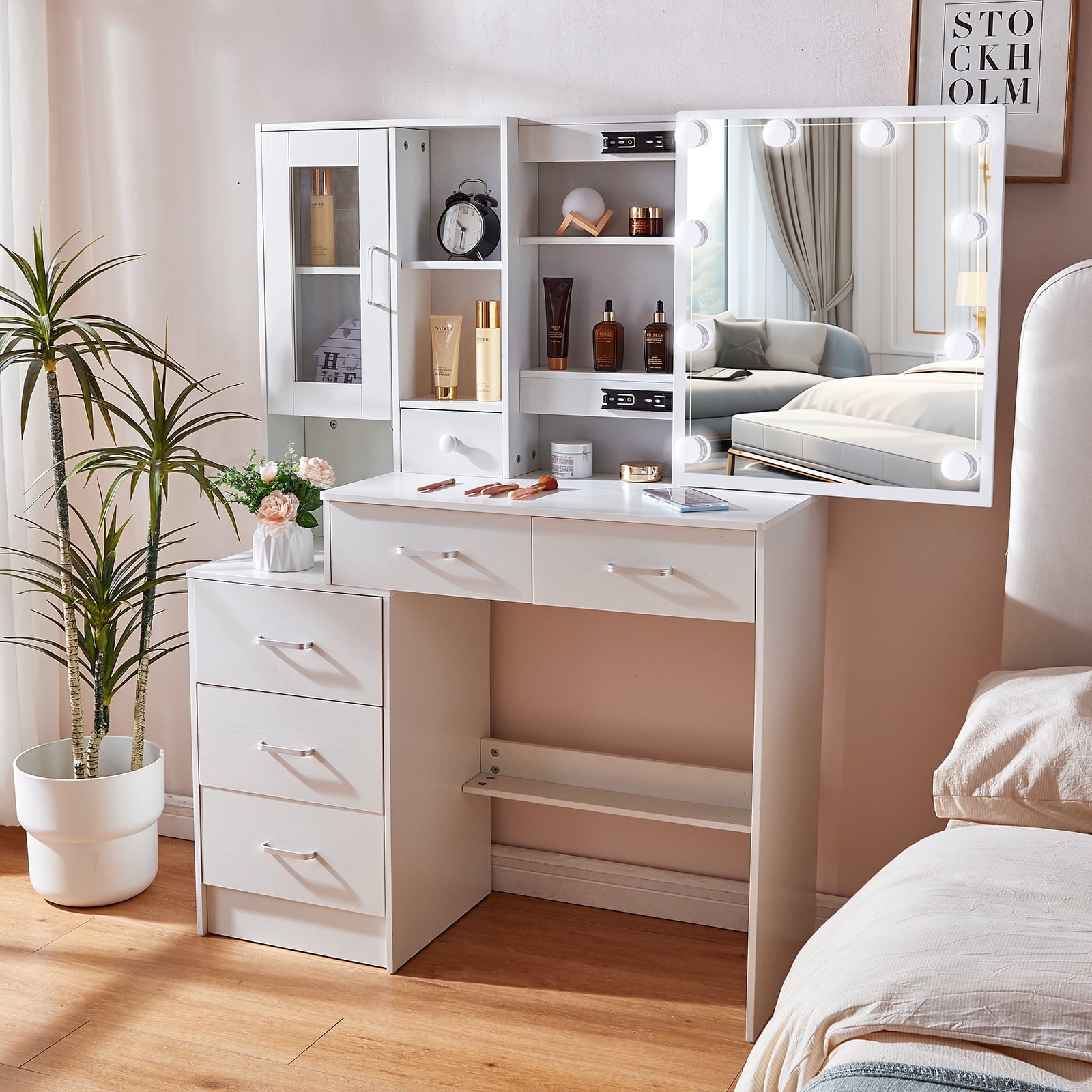 Caulitar Makeup Vanity Set Sliding LED Light Mirror Dressing Table ...