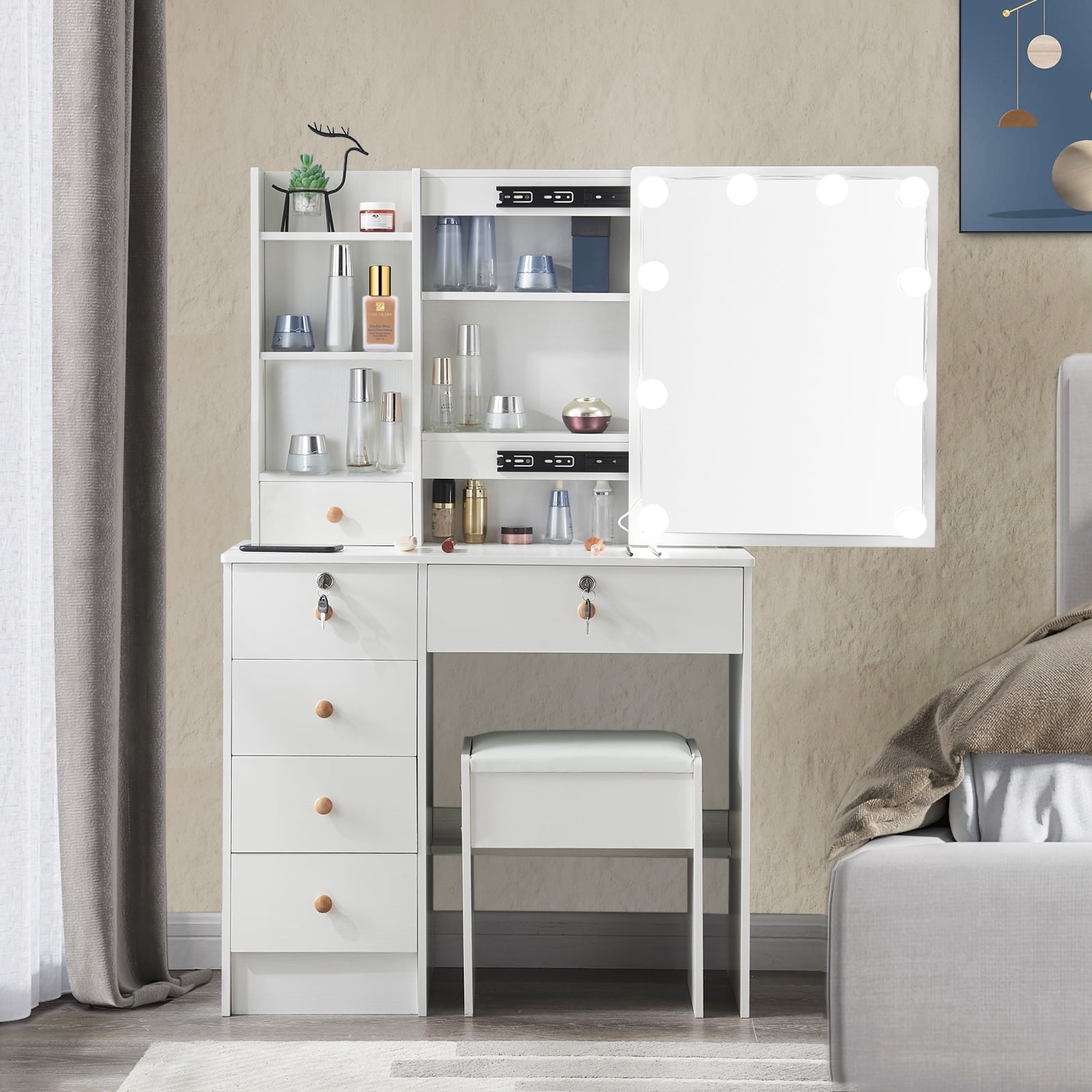 Caulitar Makeup Vanity Table with Light Mirror, Vanity Set with Lots ...