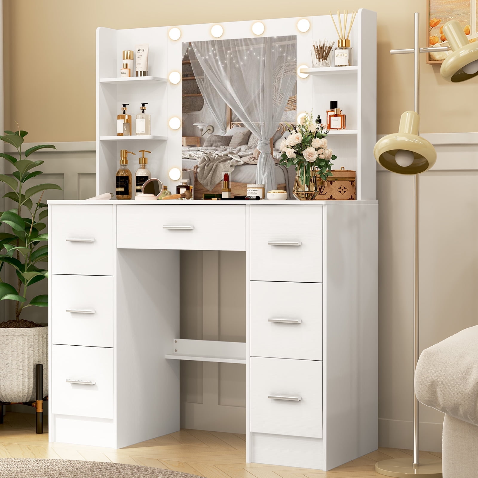 Caulitar Makeup Vanity with Mirror and 7 Drawers & Shelves, Vanity ...
