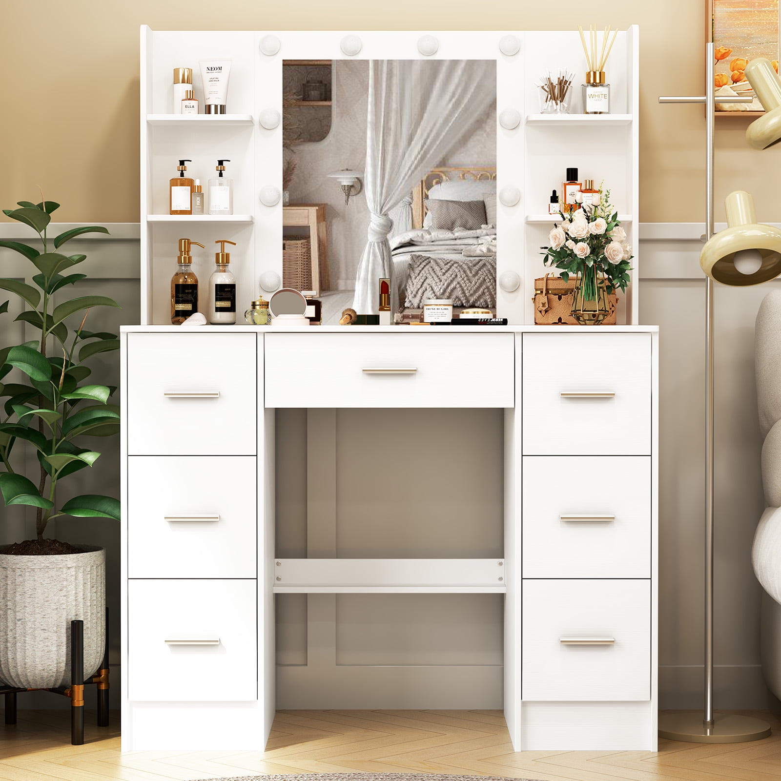 Caulitar Makeup Vanity with Mirror and 7 Drawers & Shelves, Vanity ...