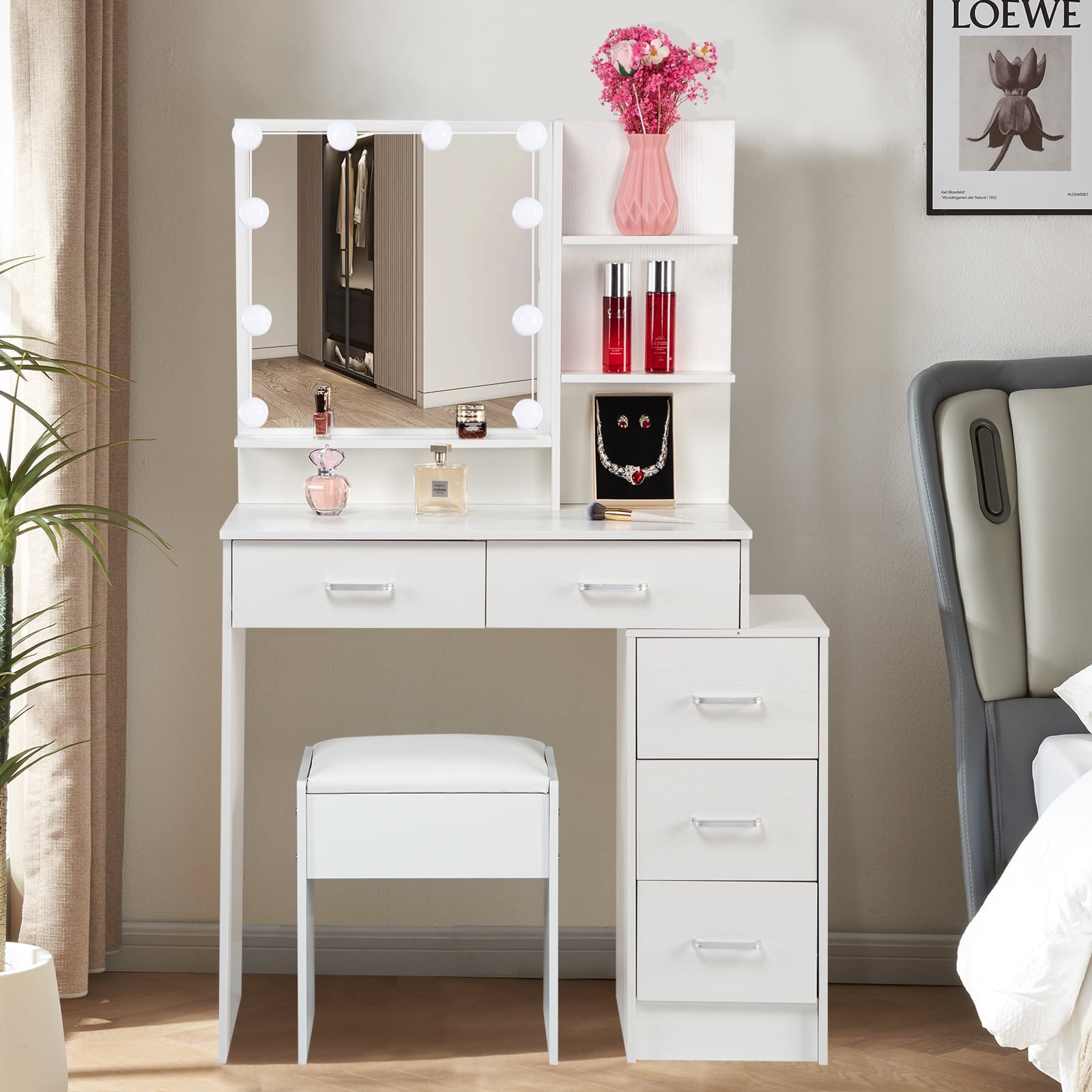 Caulitar Modern Makeup Dressing Desk Vanity Table With Lighted Mirror and Stool Set, for Women ...