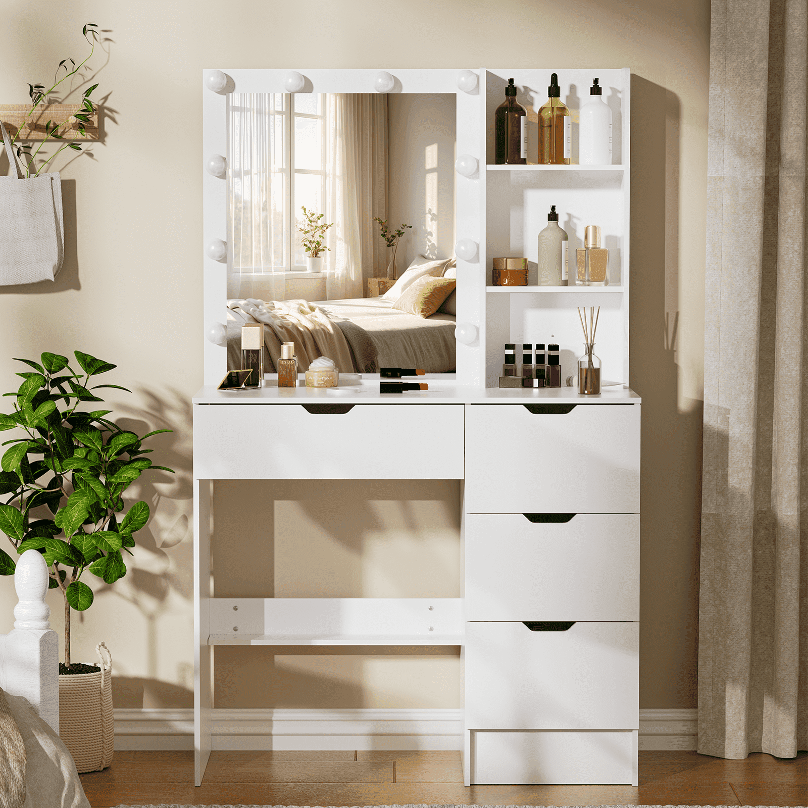 Caulitar Modern White Vanity Set with Lighted Mirror, 4 Drawers, and ...