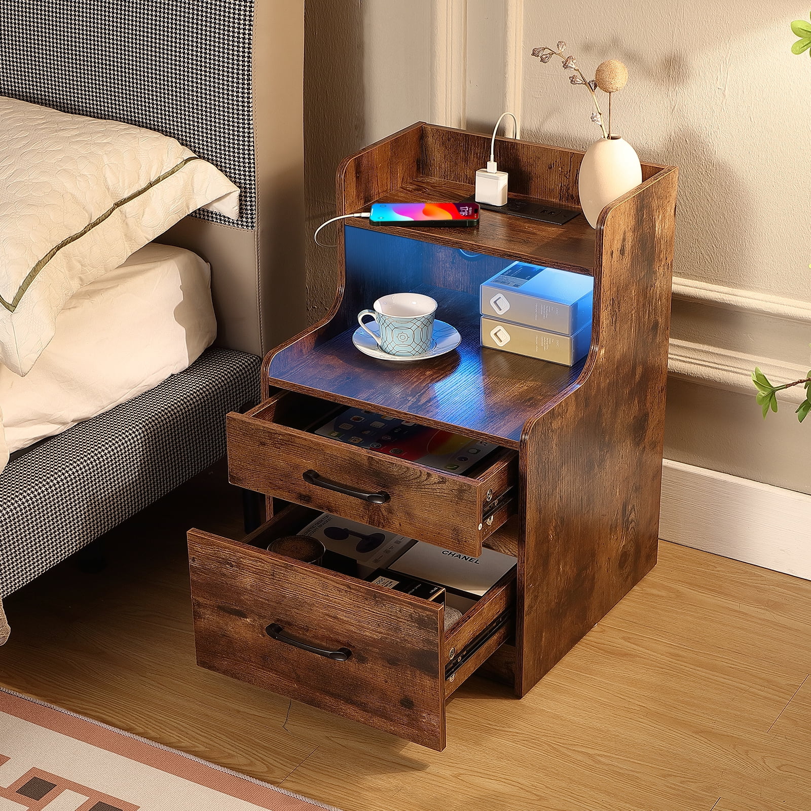 Caulitar Night Stand Set 1, LED Nightstand with Charging Station, End ...