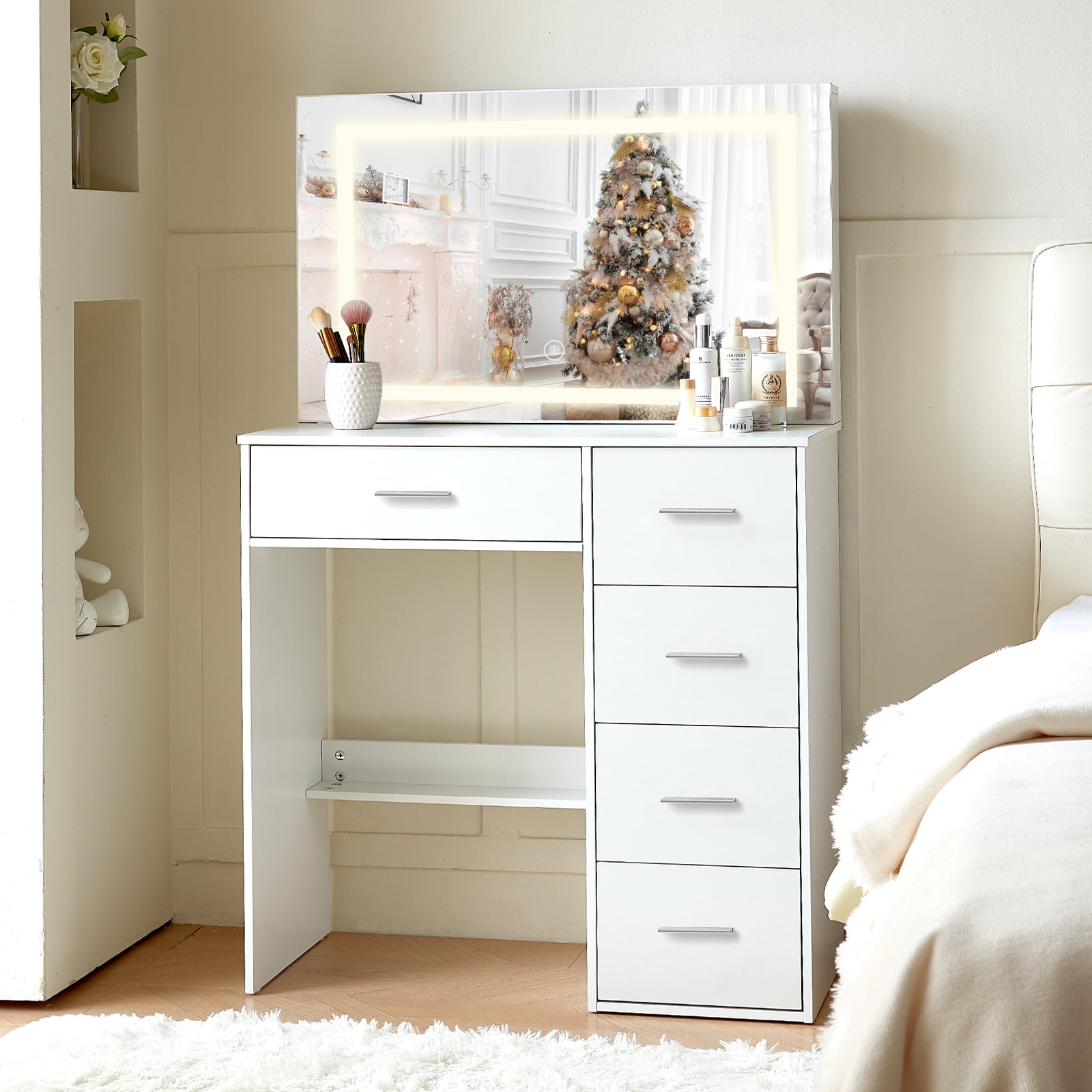 Caulitar Small Vanity Set with Smart LED Lighted Large Mirror Modern ...