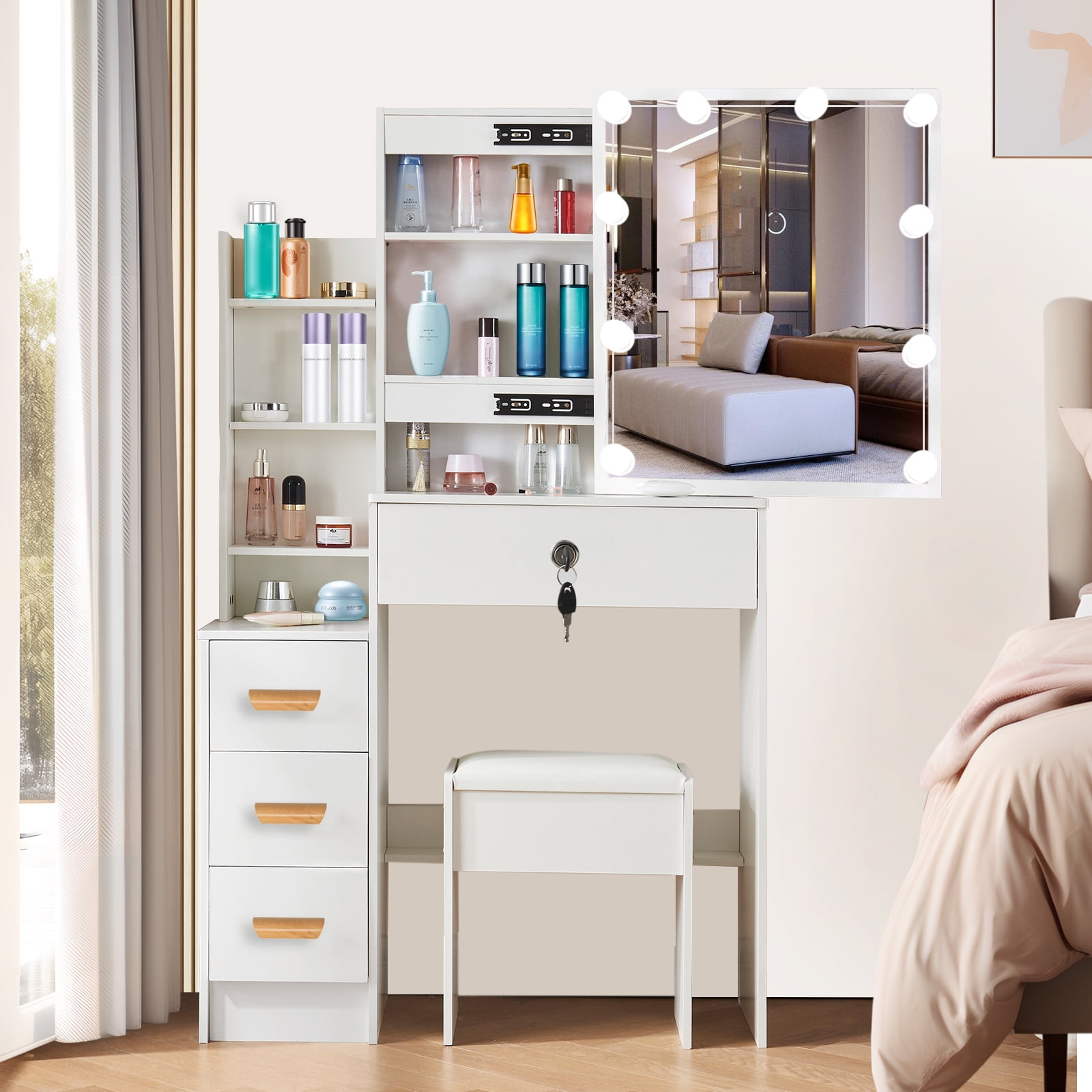 Caulitar Vanity Desk Set with 10 LED Lighted Mirror, Makeup Vanity ...