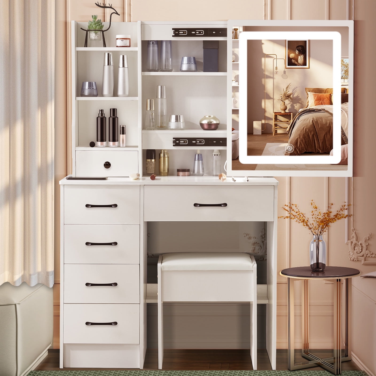 Caulitar Vanity Desk with Sliding Mirror and Lights, White Makeup ...