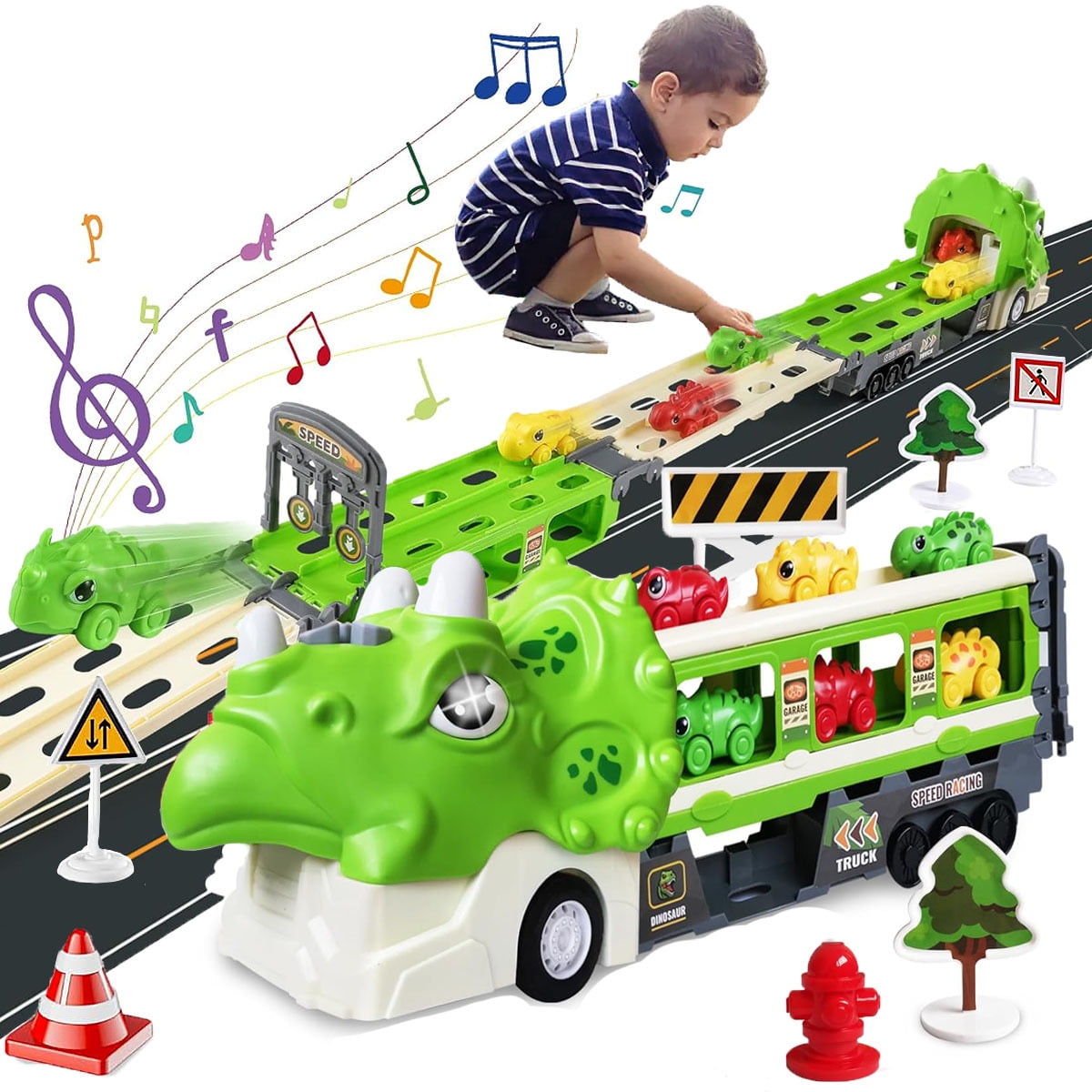 CAUNEDY Dinosaur Truck Playset with 6 Dino Cars, 12 Road Signs, for ...
