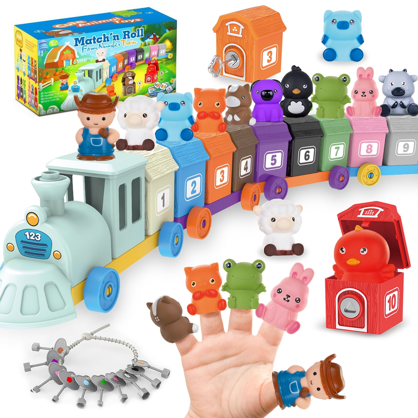 Sunforu Learning Toy for Toddlers, Farm Train with 10 Finger Puppets ...