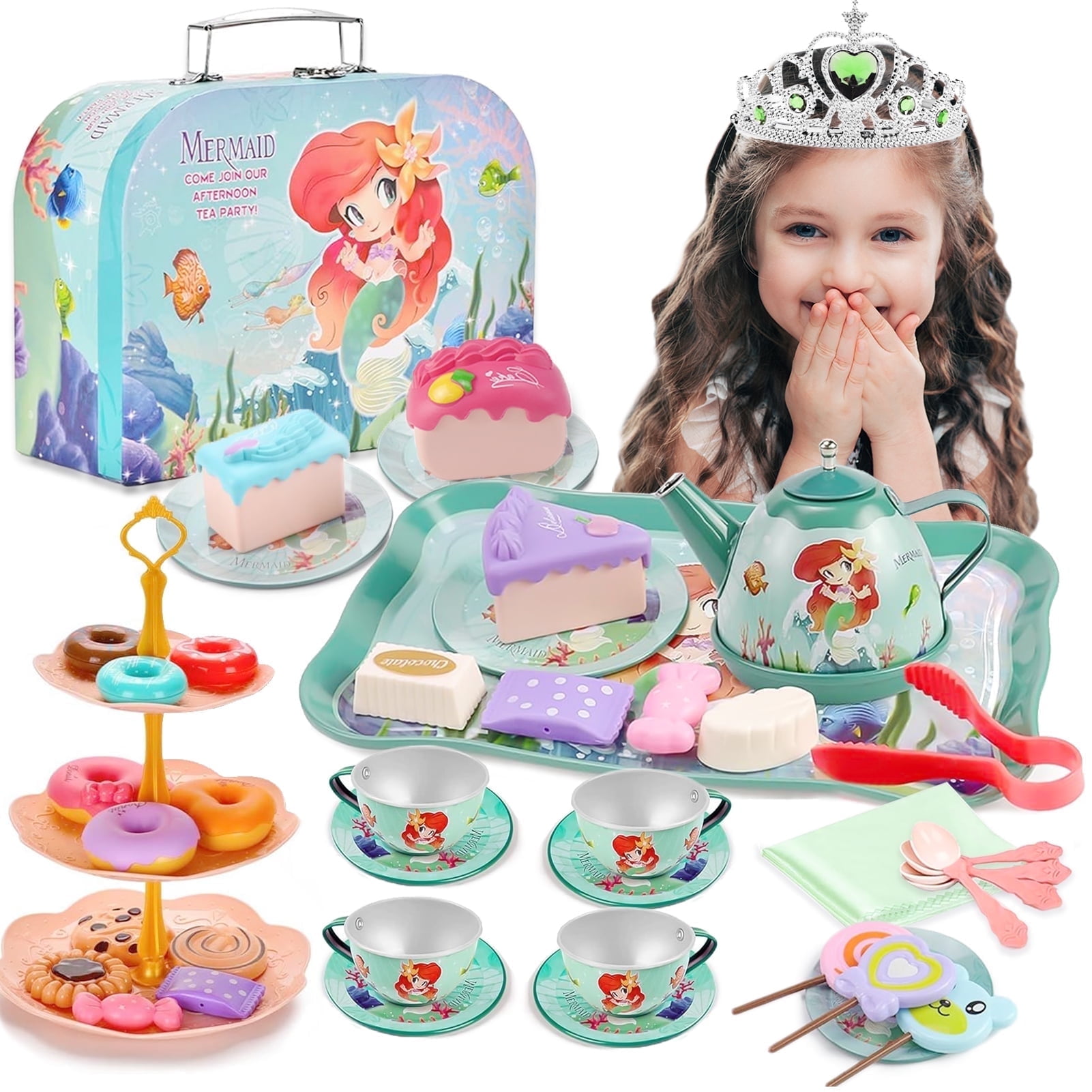 Caunedy 50PCS Mermaid Tea Party Set for Little Girl, Pretend Toy Tea ...