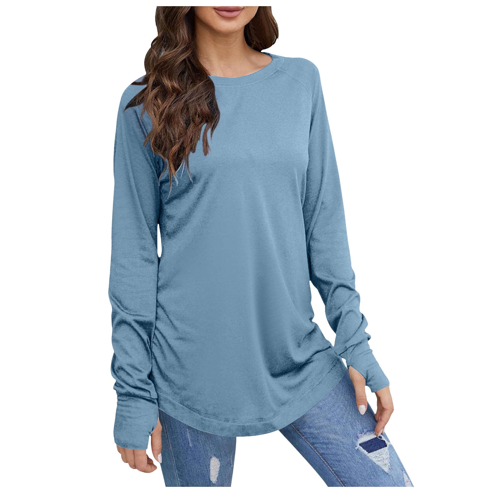 Causal Summer Women Tshirts Long Sleeve Round Neck Basic Solid Color ...
