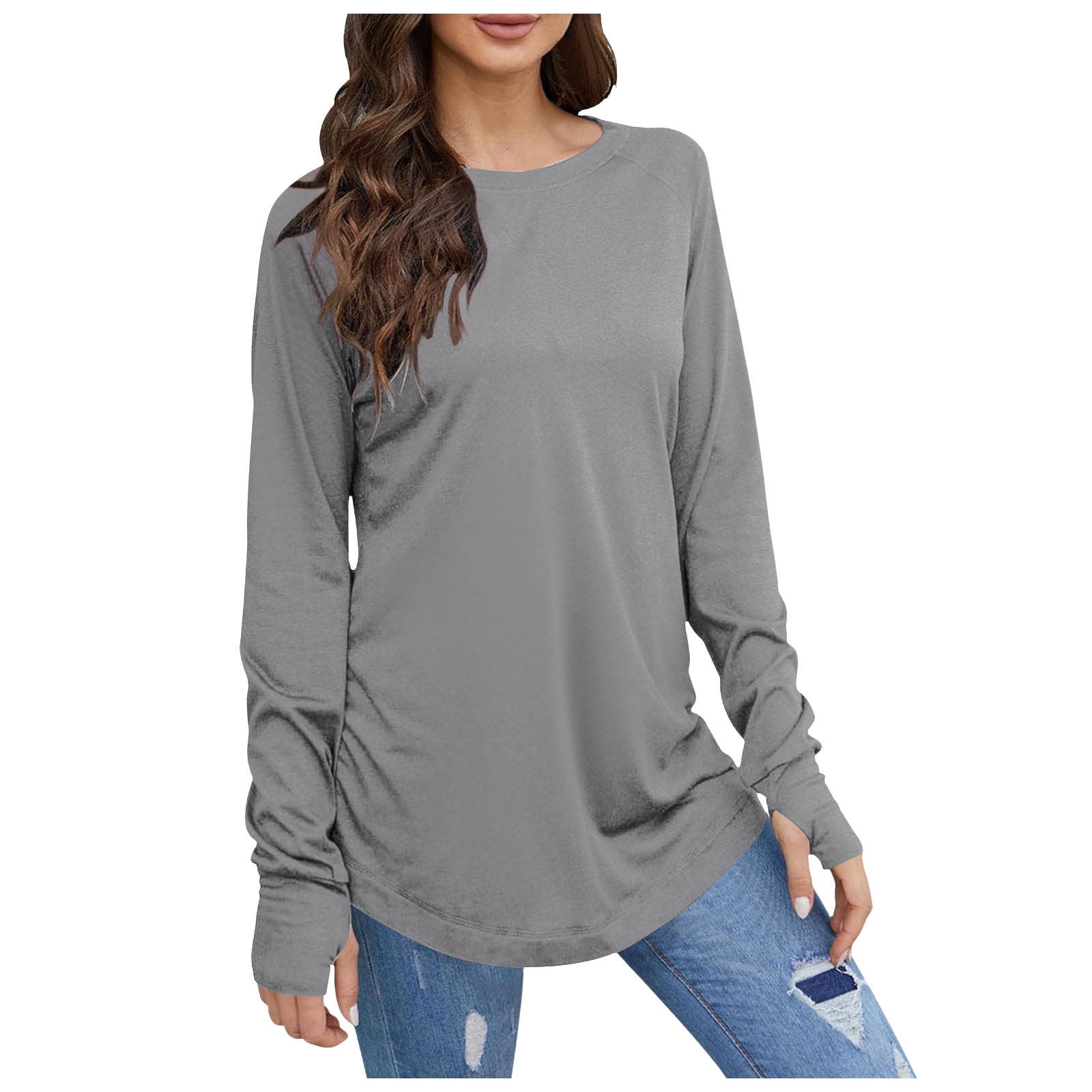 Causal Summer Women Tshirts Long Sleeve Round Neck Basic Solid Color ...
