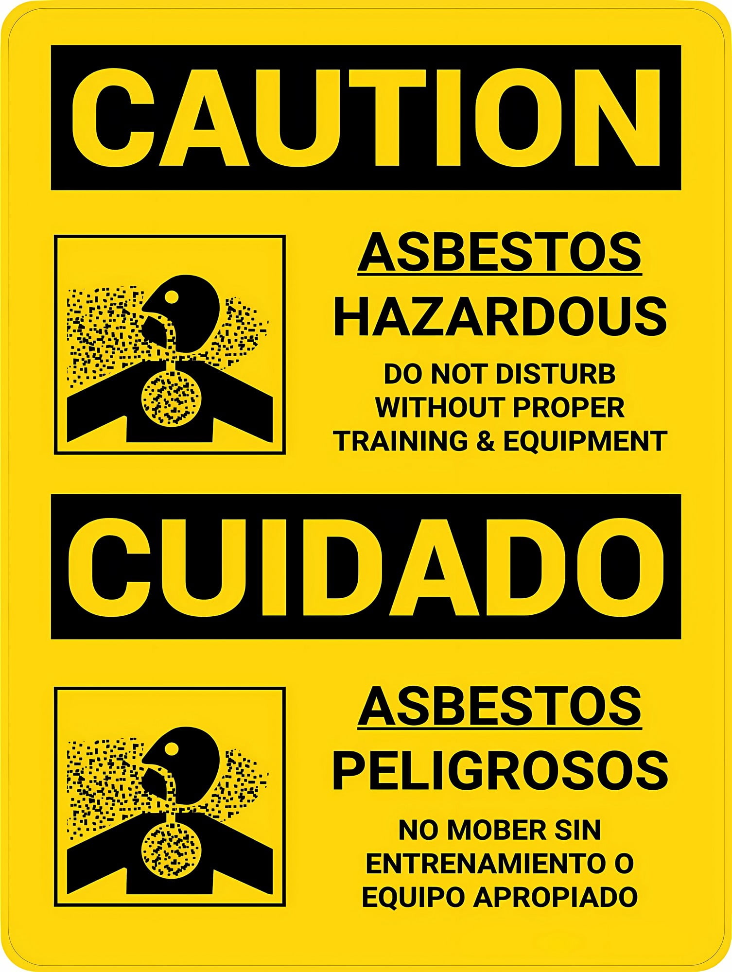 Caution Asbestos Hazardous Bilingual Spanish With Icons Sign, 8"x12 ...