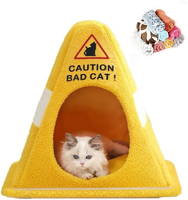 Caution Bad Cat Bed, Cozy Soft Fleece Cat Cave with Detachable Washable ...