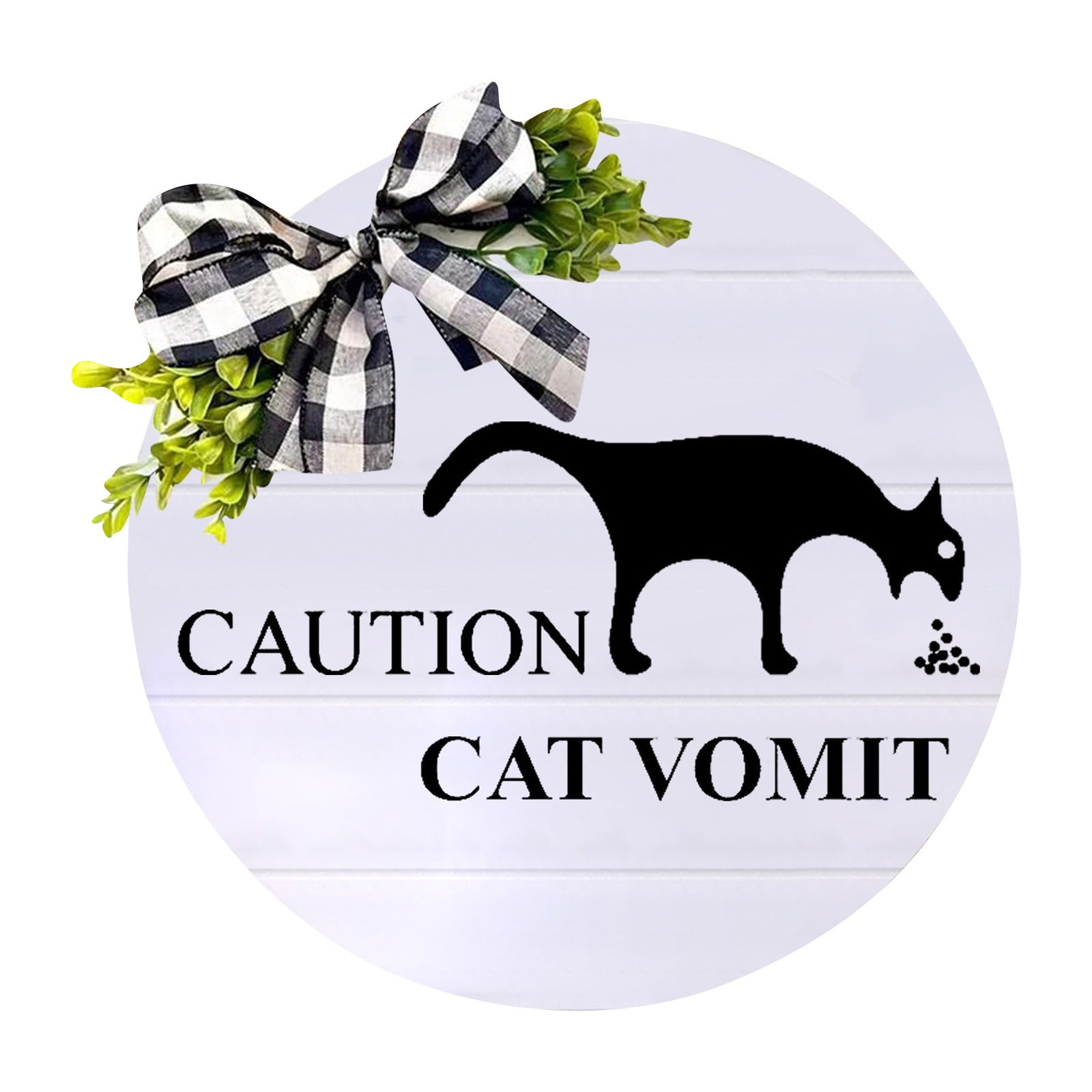 Caution Cat Vomit Sign Funny Decorative Round Wall Plaque with Bow and ...