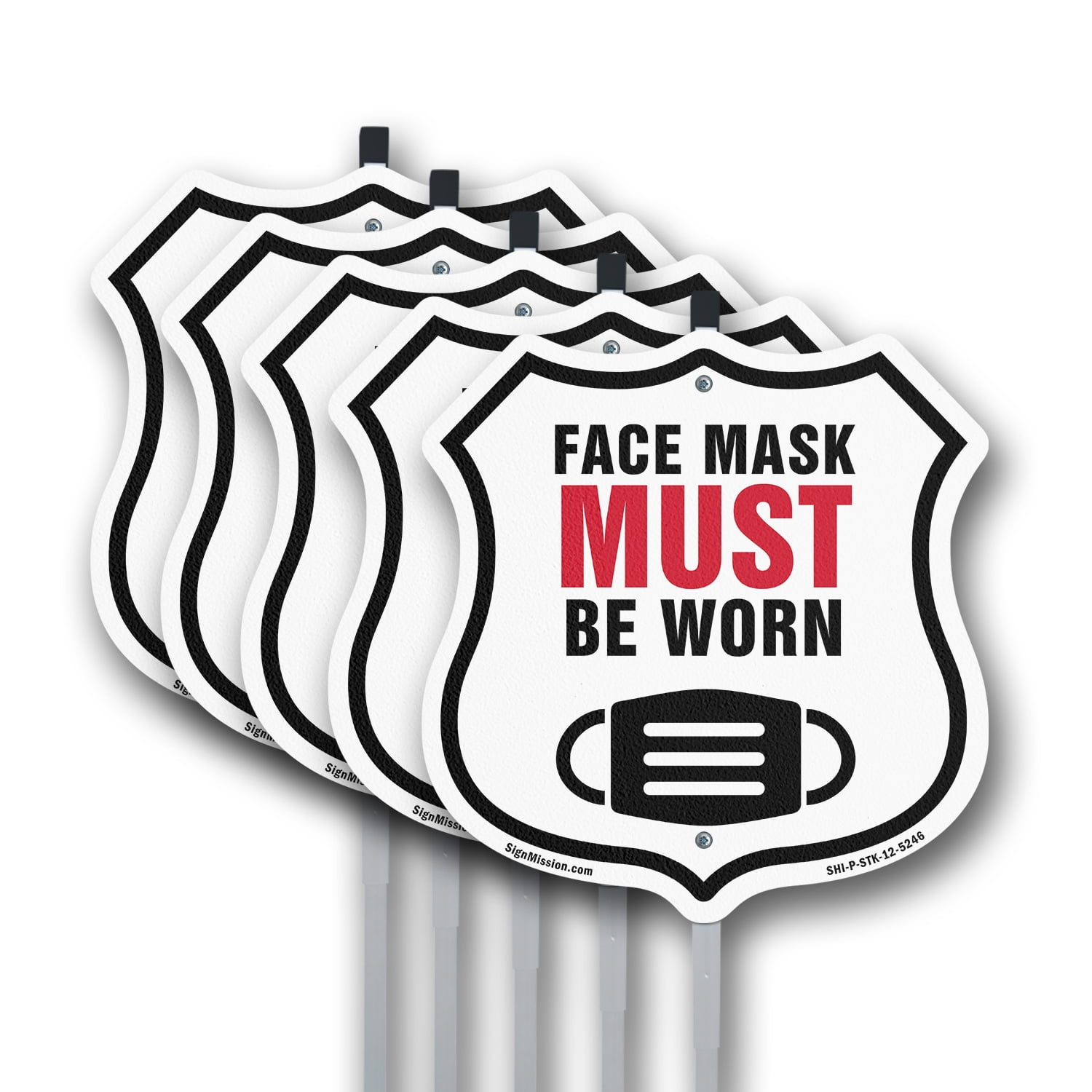 Caution Face Mask Must Be Worn (5 Pack) 12 inch X 12 inch Shield Shaped ...