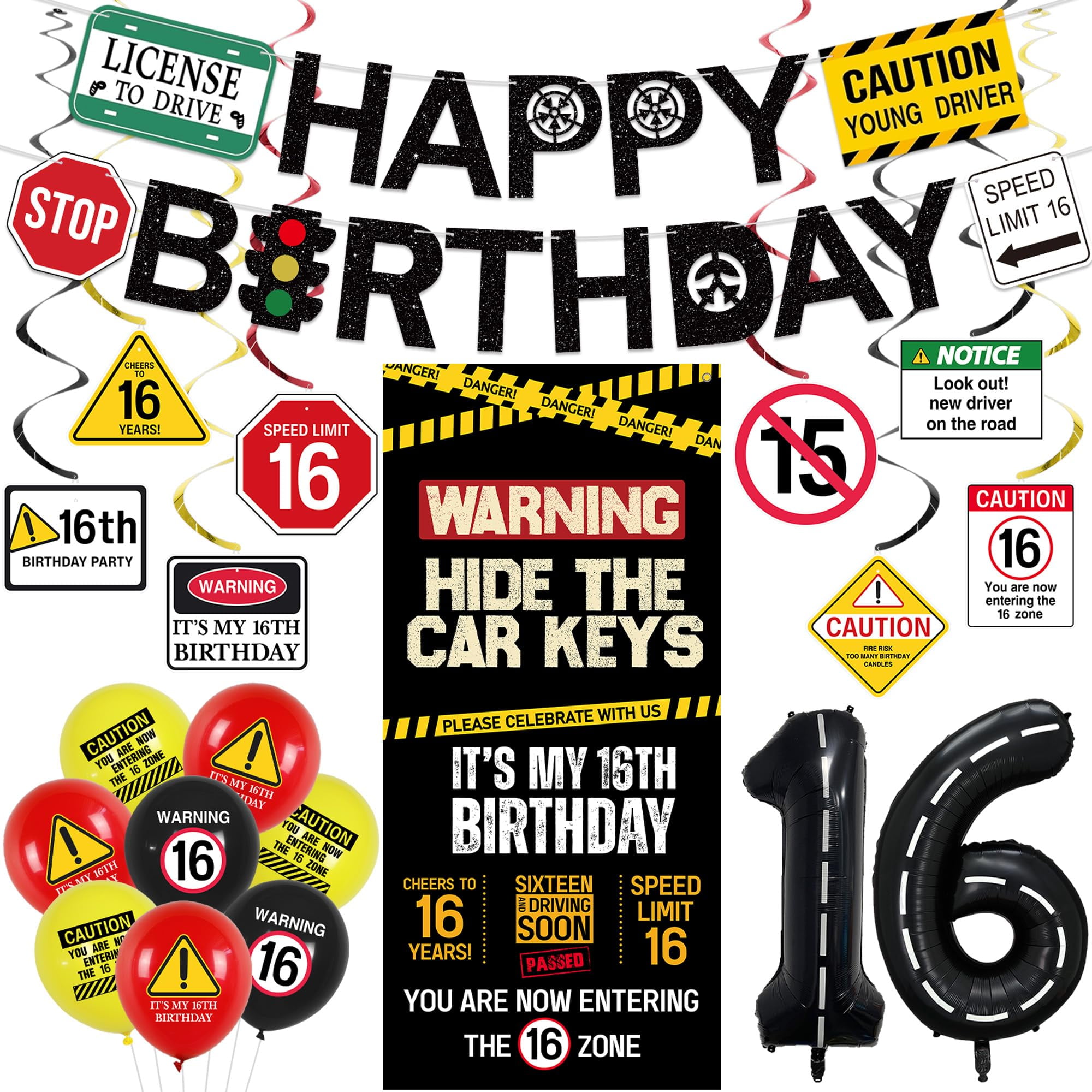 Caution Logo 16th Birthday Decorations, Hide The Car Keys Party Banner ...