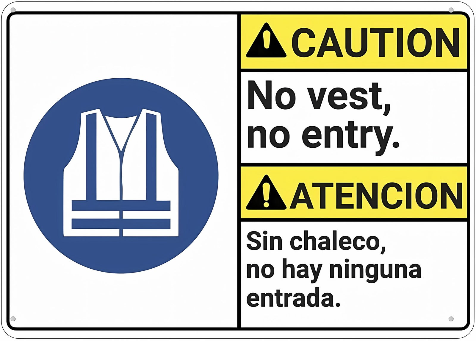 Caution No Entry Without Vest Sign 12 x 8 Inches - Rust-Free Aluminum ...
