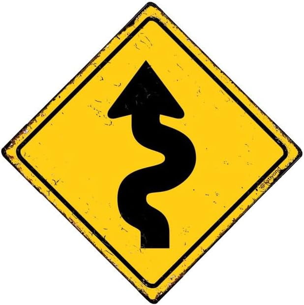 Caution Right Winding Road With Sharp Turn Symbol Vintage Metal Tin ...