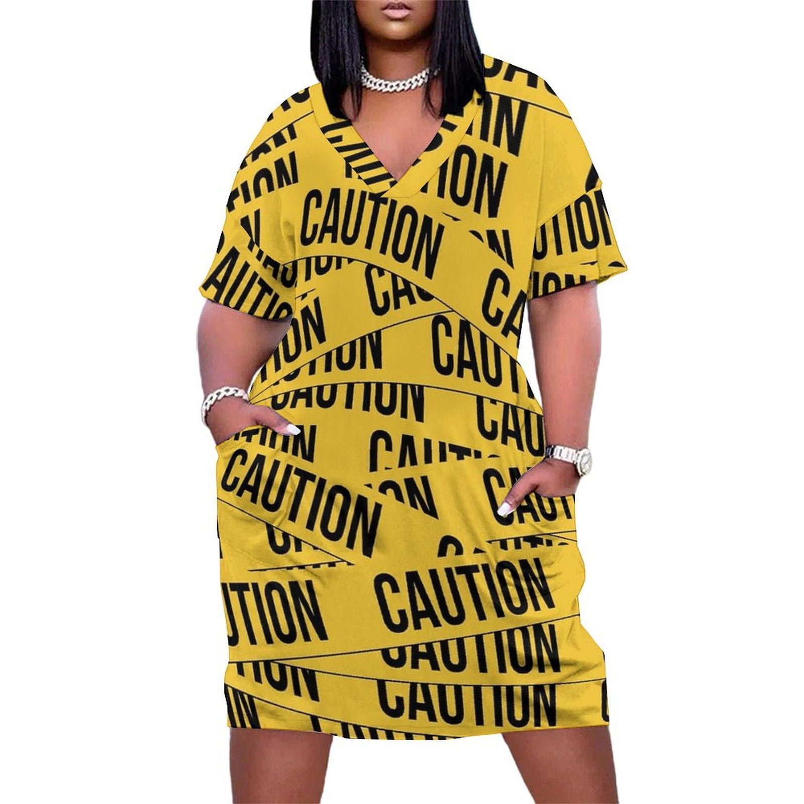 Caution Summer Dresses for Women Plus Size Sundress Short Sleeve V Neck Dresses A-Line Midi ...