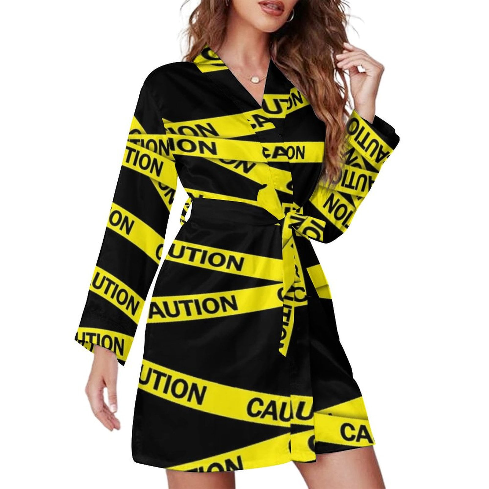 Caution Tape Night Robe Long Sleeve V Neck Robe With Belt Women's ...