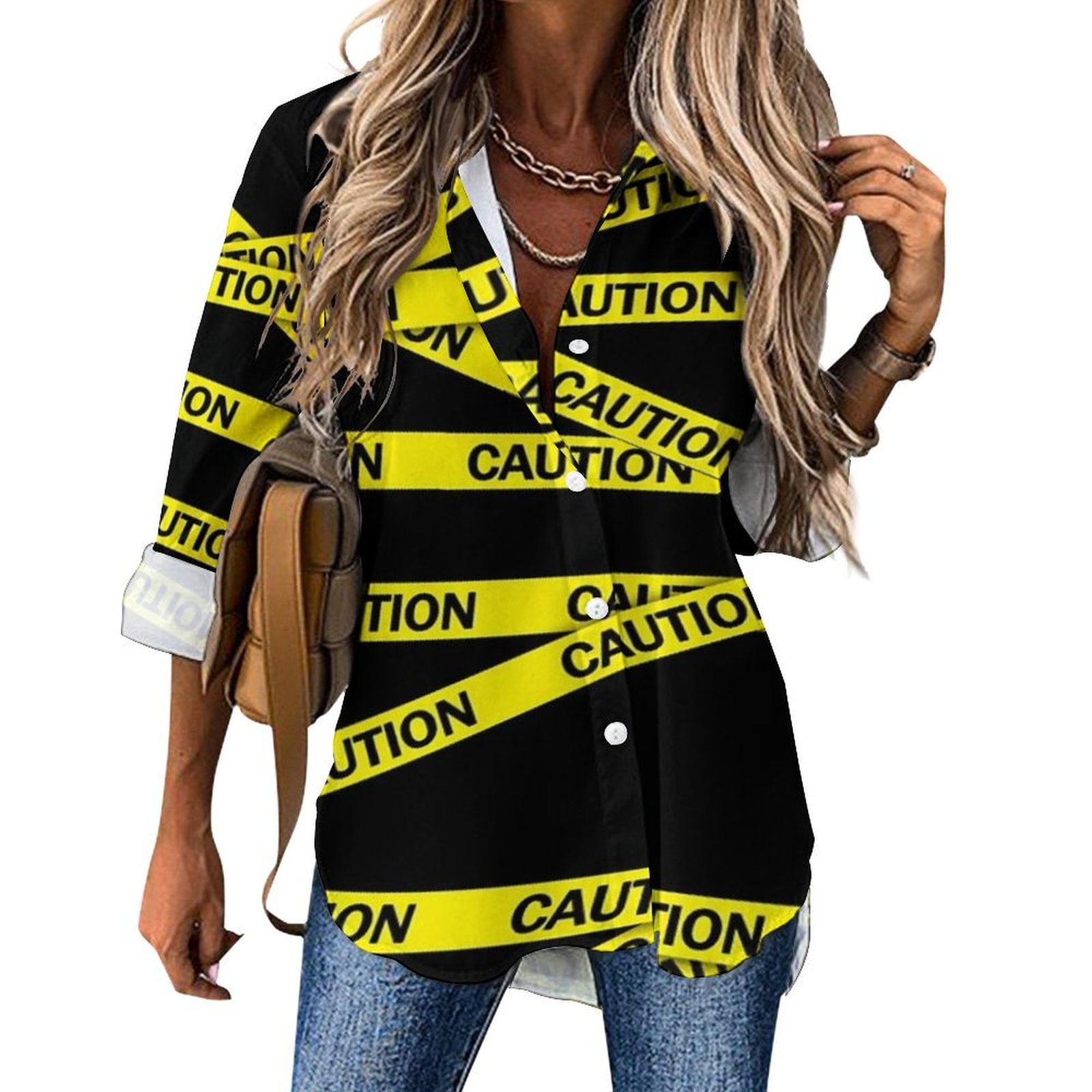 Caution Tape Womens Button Down Long Sleeve Shirts Irregular Hem Shirt