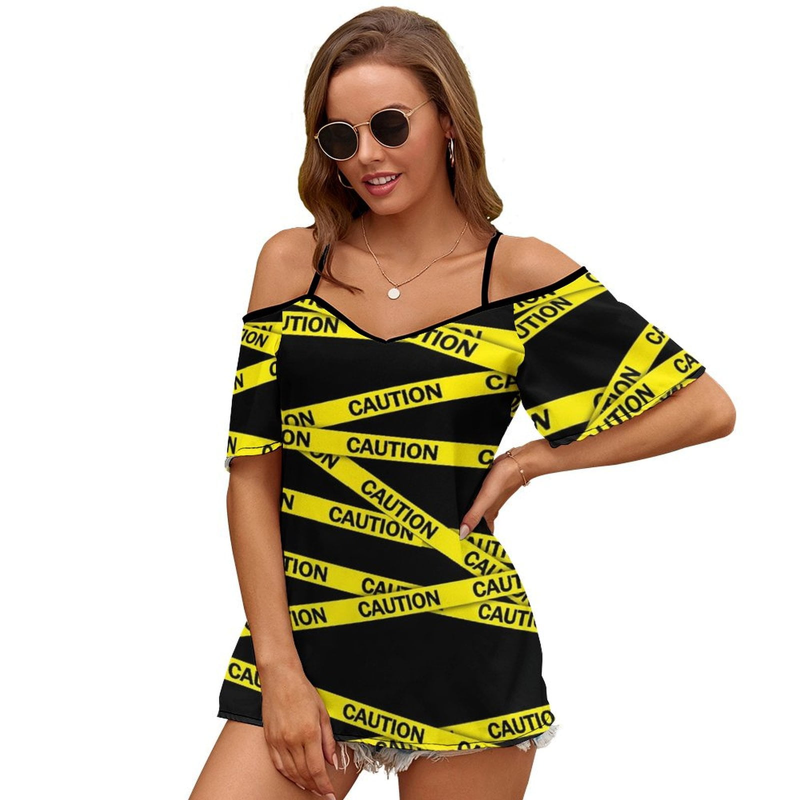 Caution Tape Women's T-Shirt Fashion Printed V-Neck Short Sleeve T ...