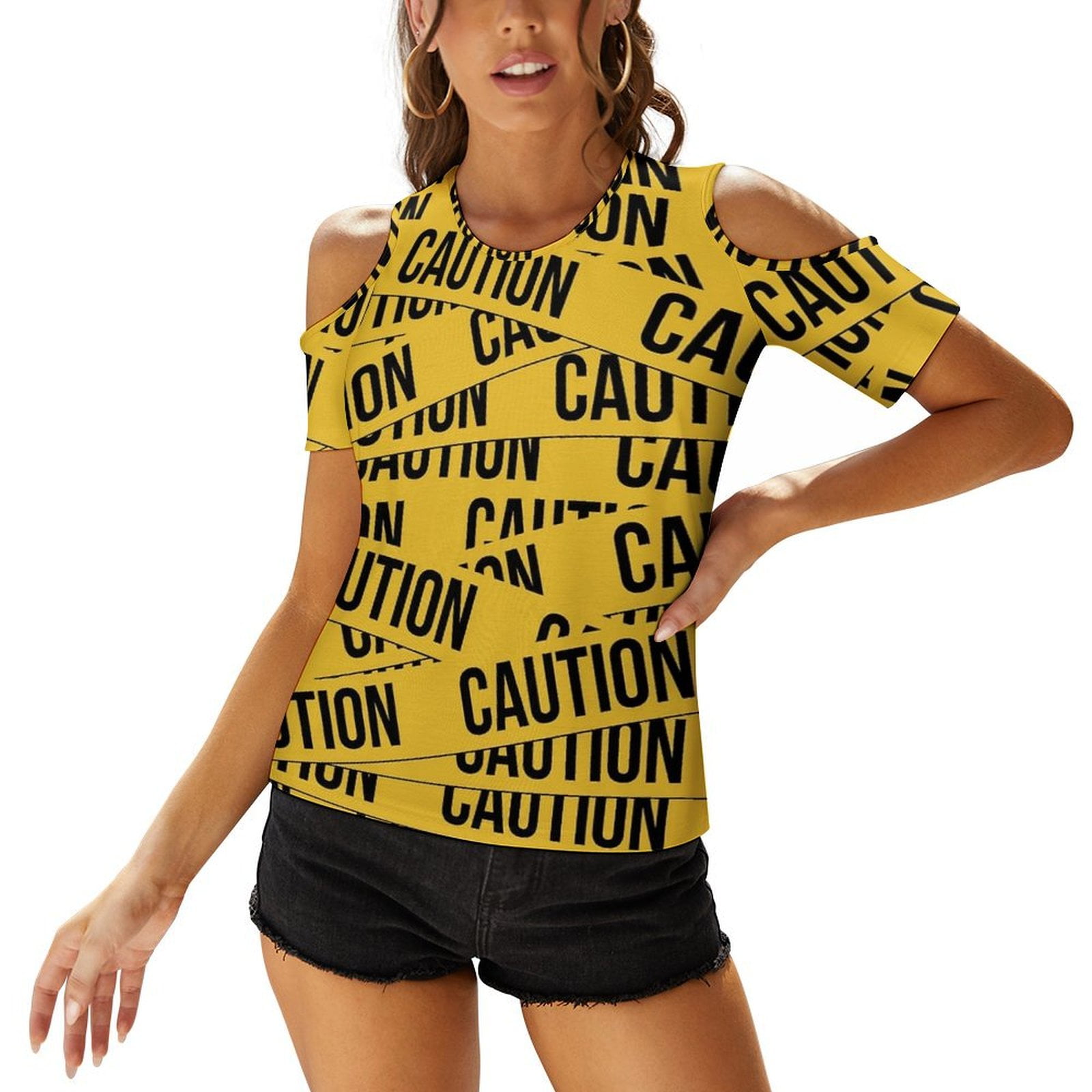 Caution Women's Off Shoulder Tops Casual Loose Shirt T Shirts Tops Pullover Short Sleeve ...