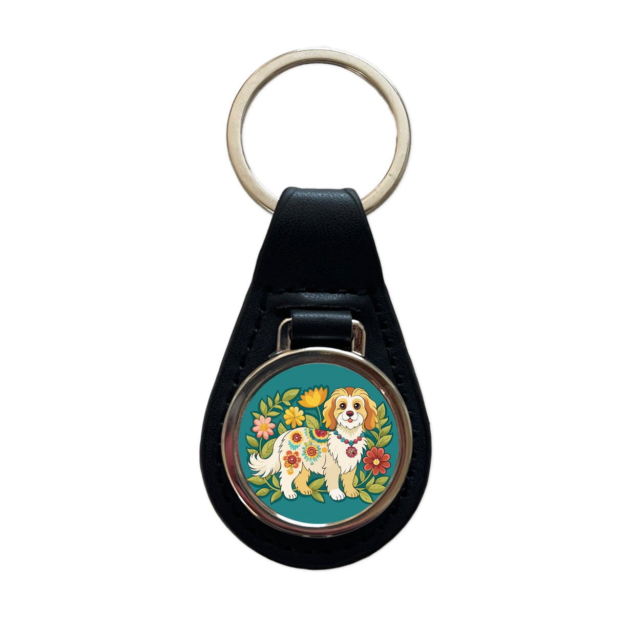 Cavachon Floral Motif Dog Cute Metal Black Leather Keychain - Walmart.com