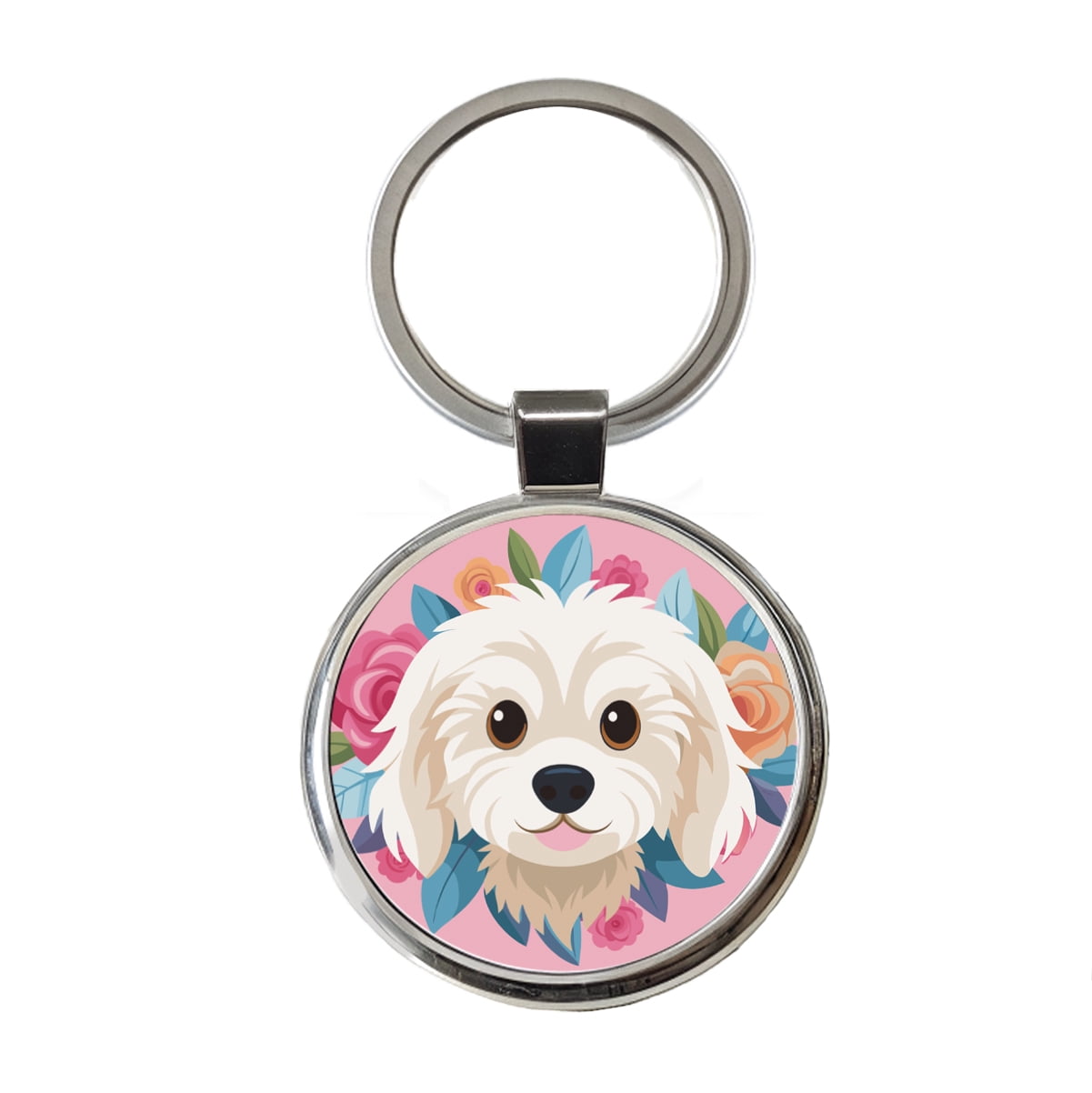 Cavachon Head Dog Floral Motif Pink Background Metal Round Keychain ...