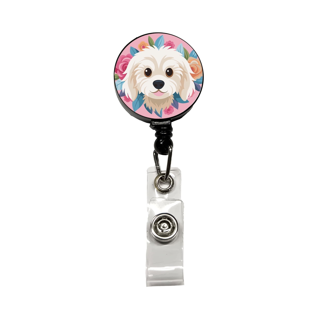 Cavachon Head Dog Floral Motif Pink Background Retractable Reel ID ...