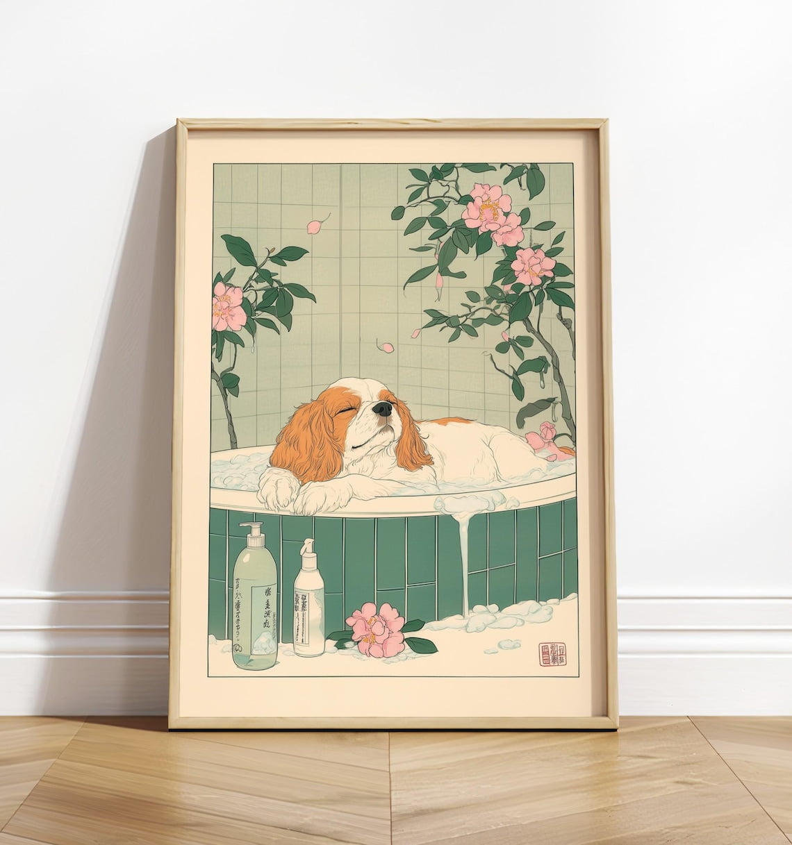 Cavalier King Charles Spaniel Art Print, Japanese Dog In Bathtub ...
