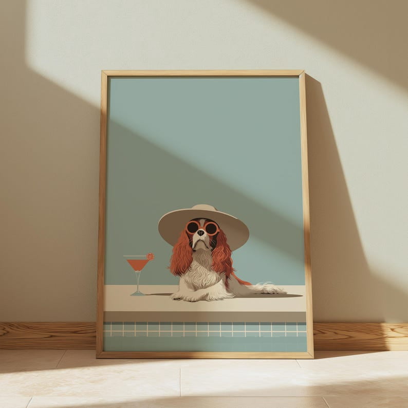Cavalier King Charles Spaniel Cocktail Poolside poster Wall Art Decor ...