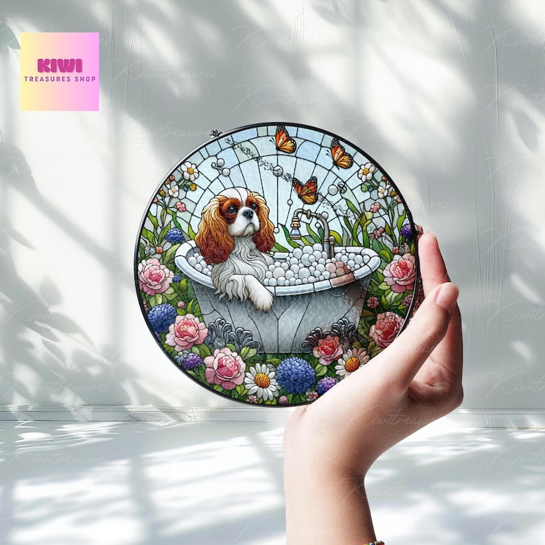 Cavalier King Charles Spaniel in bath tub GLASS Suncatcher Hanging, cut ...