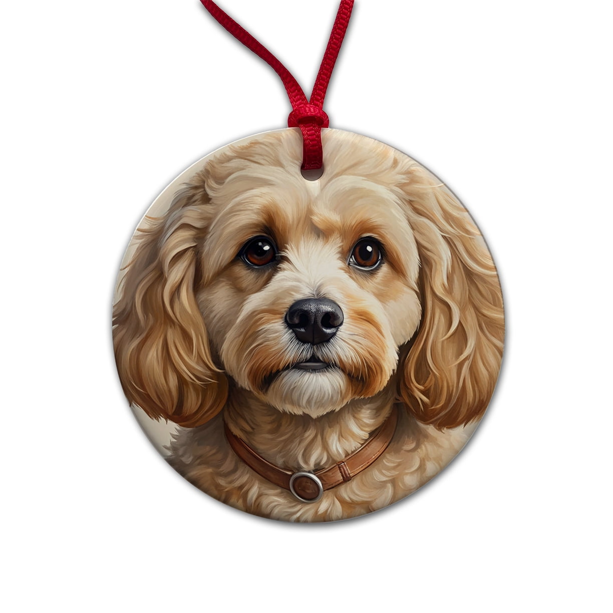 Cavapoo Dog Illustration Christmas Tree Holiday Round Ceramic Ornament ...