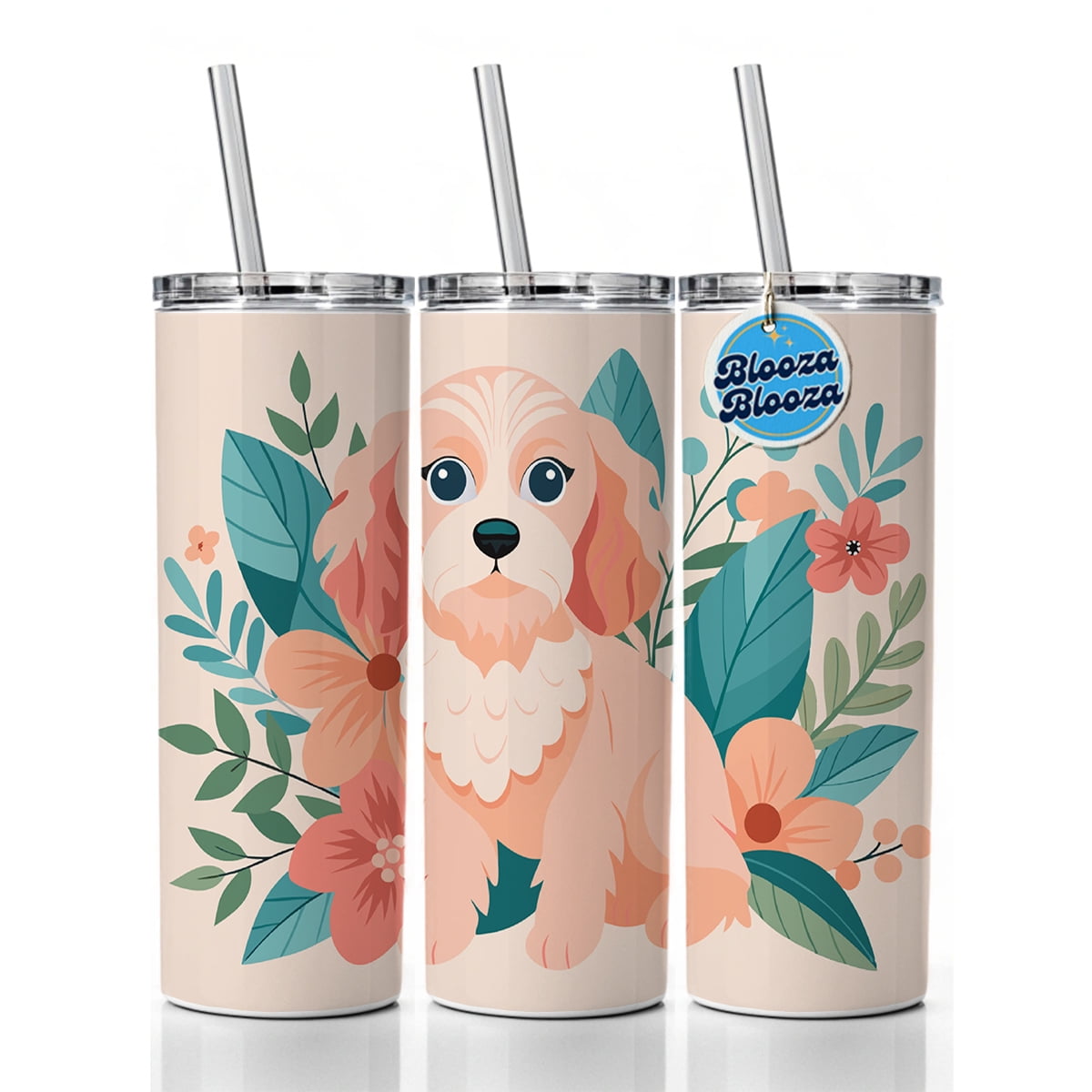 Cavapoo Floral Motif Pink Dog 20oz Insulated Water Bottle Skinny ...