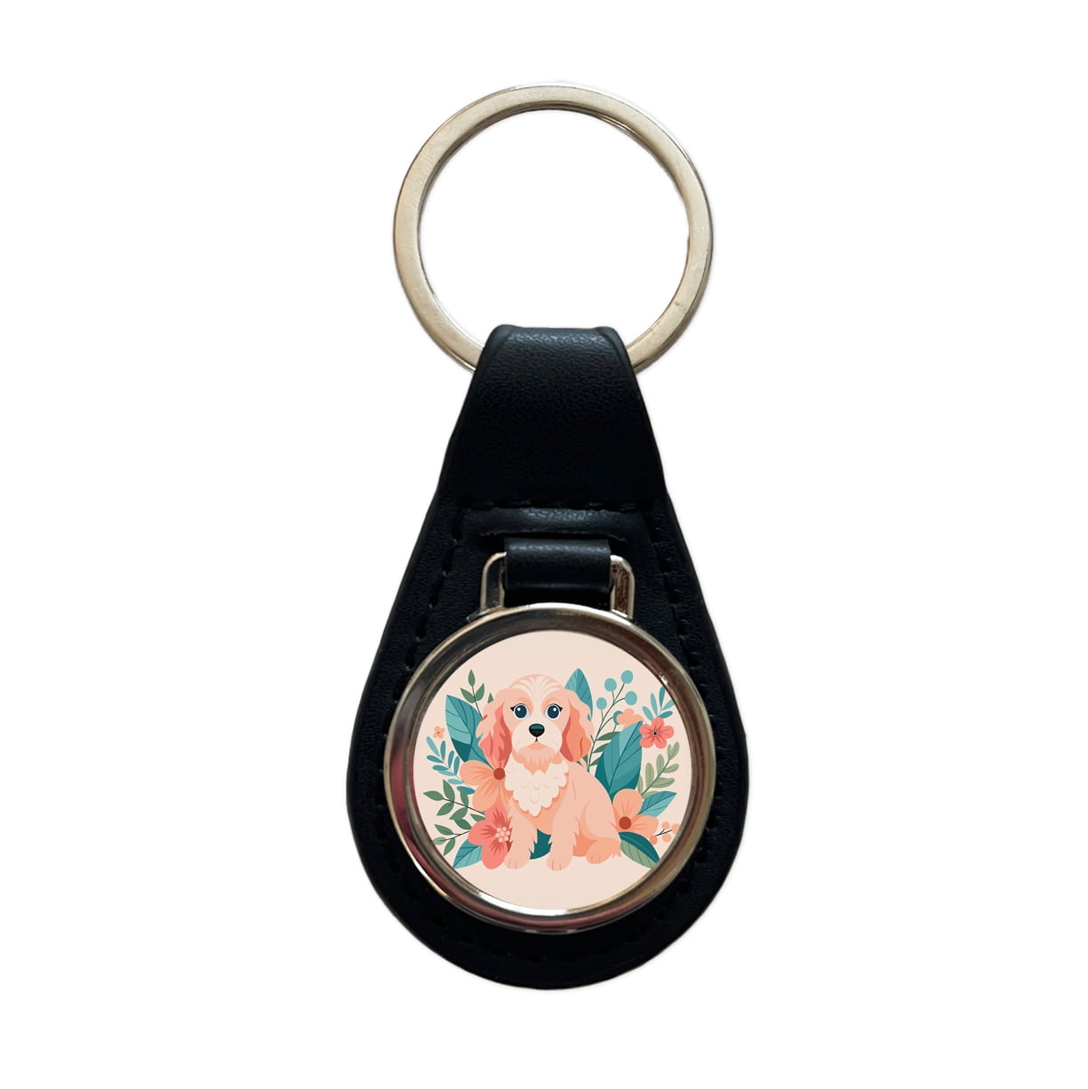 Cavapoo Floral Motif Pink Dog Metal Black Leather Keychain - Walmart.com