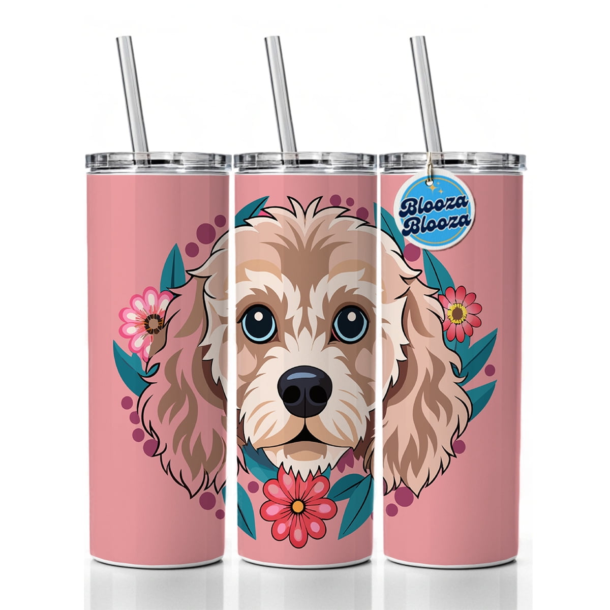 Cavapoo Head Floral Motif Pink Dog 20oz Insulated Water Bottle Skinny ...