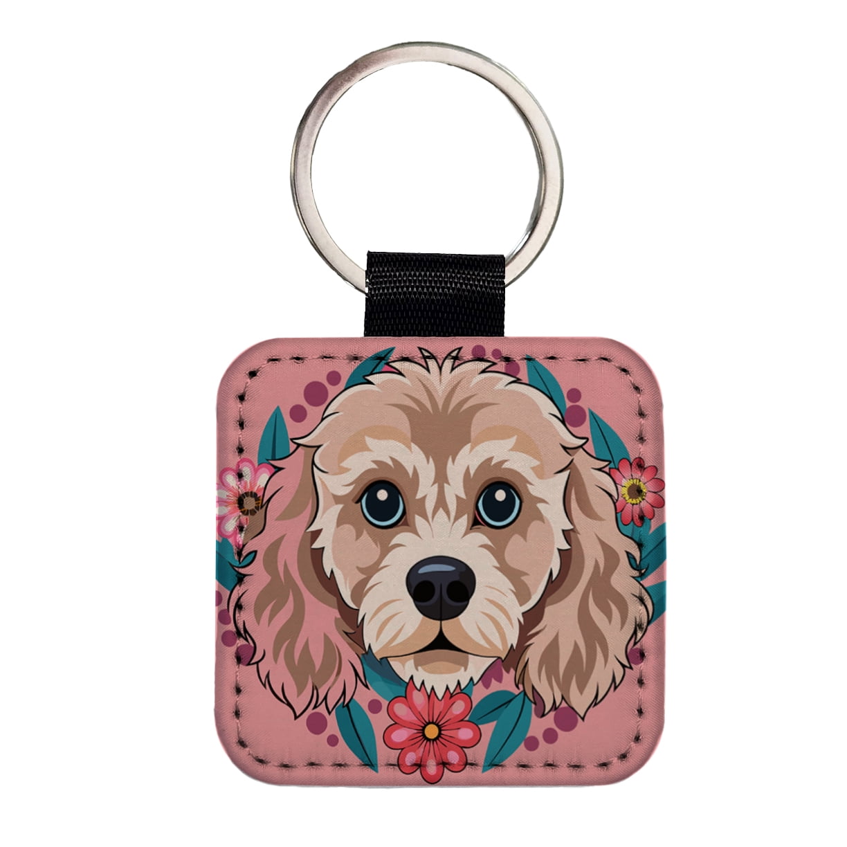 Cavapoo Head Floral Motif Pink Dog Faux Leather Square Keychain ...