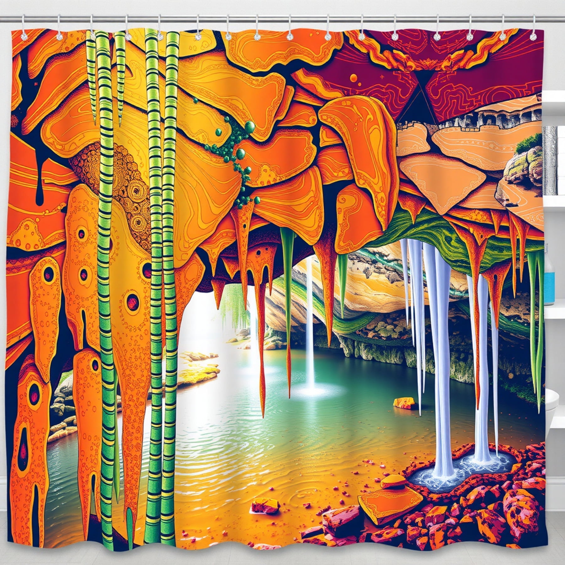Cave Waterfall Shower Curtain - Vibrant Colors & Magical Design for a ...
