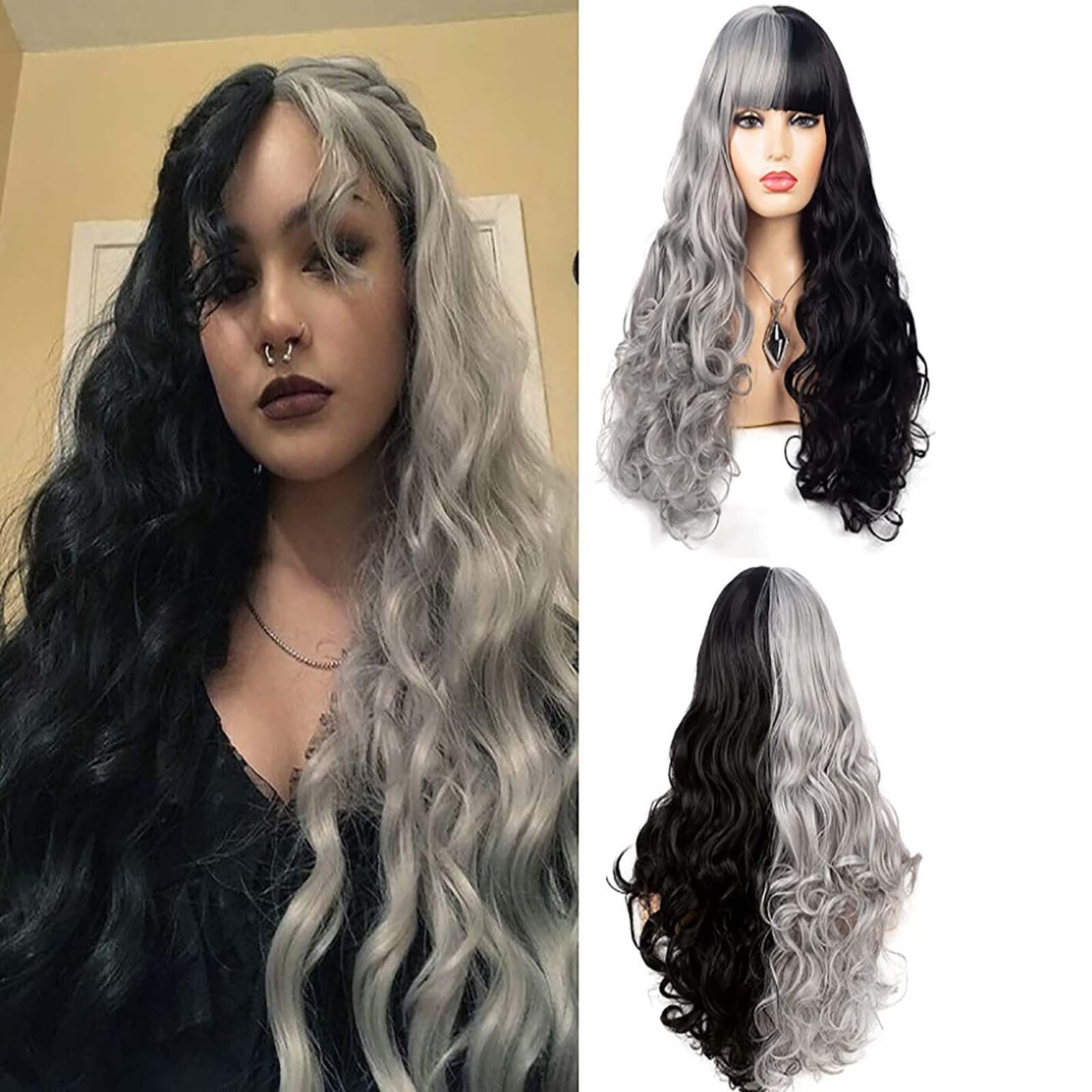 Caveitl Funny Wigs,Women Black Double Splicing Bangs Long Curly Hair ...