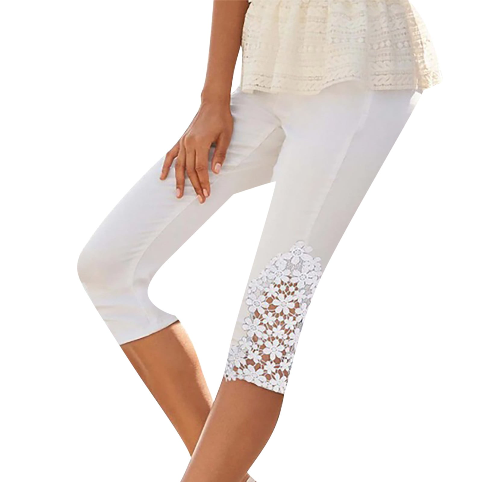 Caveitl Plus Size Women's Casual Solid Lace Stitching 3/4 Capris, White ...