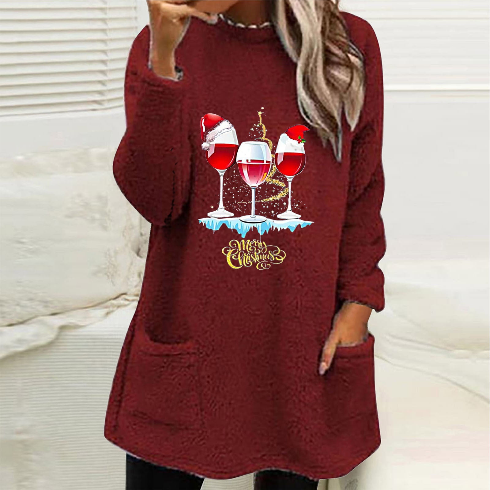 Caveitl Women's Christmas Wine Cup Printed Round Neck Pocket Long ...