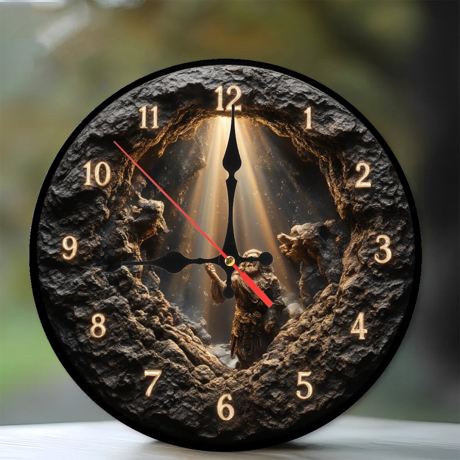 Caveman Stone Wall Clock Religious Gift Decor 10-Inch Silent Wooden ...