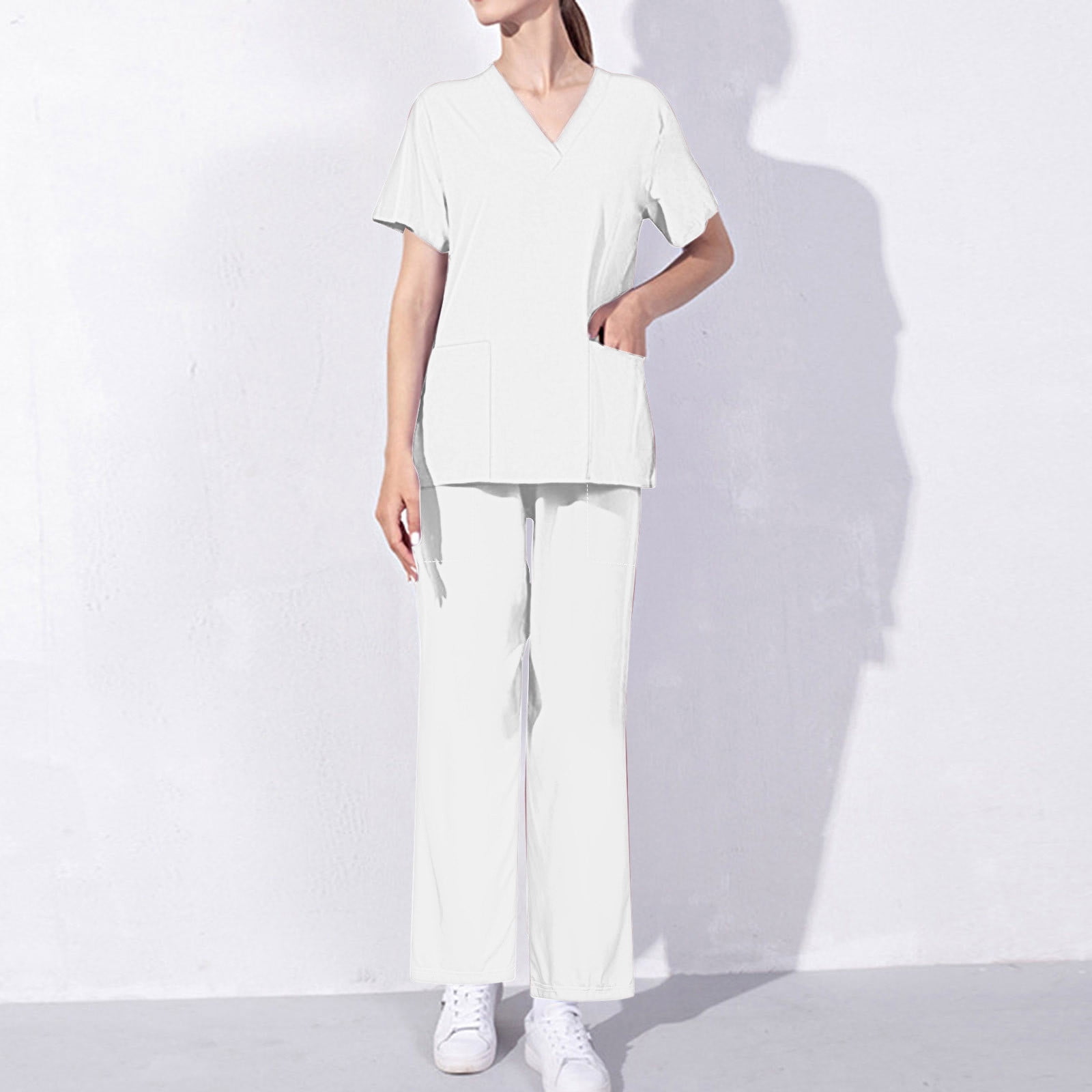 Cavosen 2 Piece Scrubs for Women White Scrub Sets with Pocket Stretch ...
