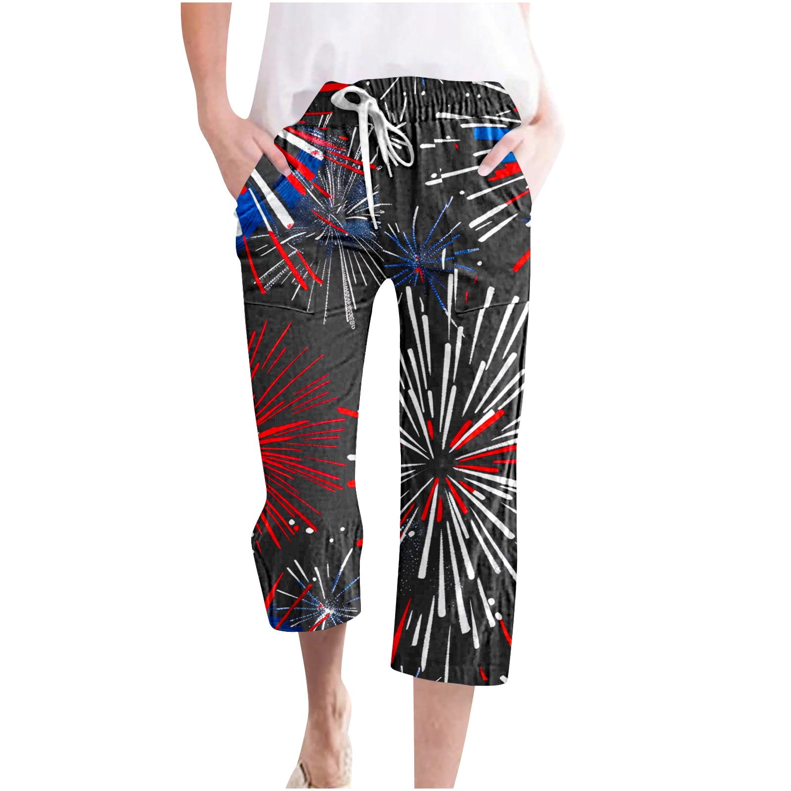 Cavosen 4th of July Petite Pants for Women Elastic Waist Straight Leg Pants Red White Blus Capri ...