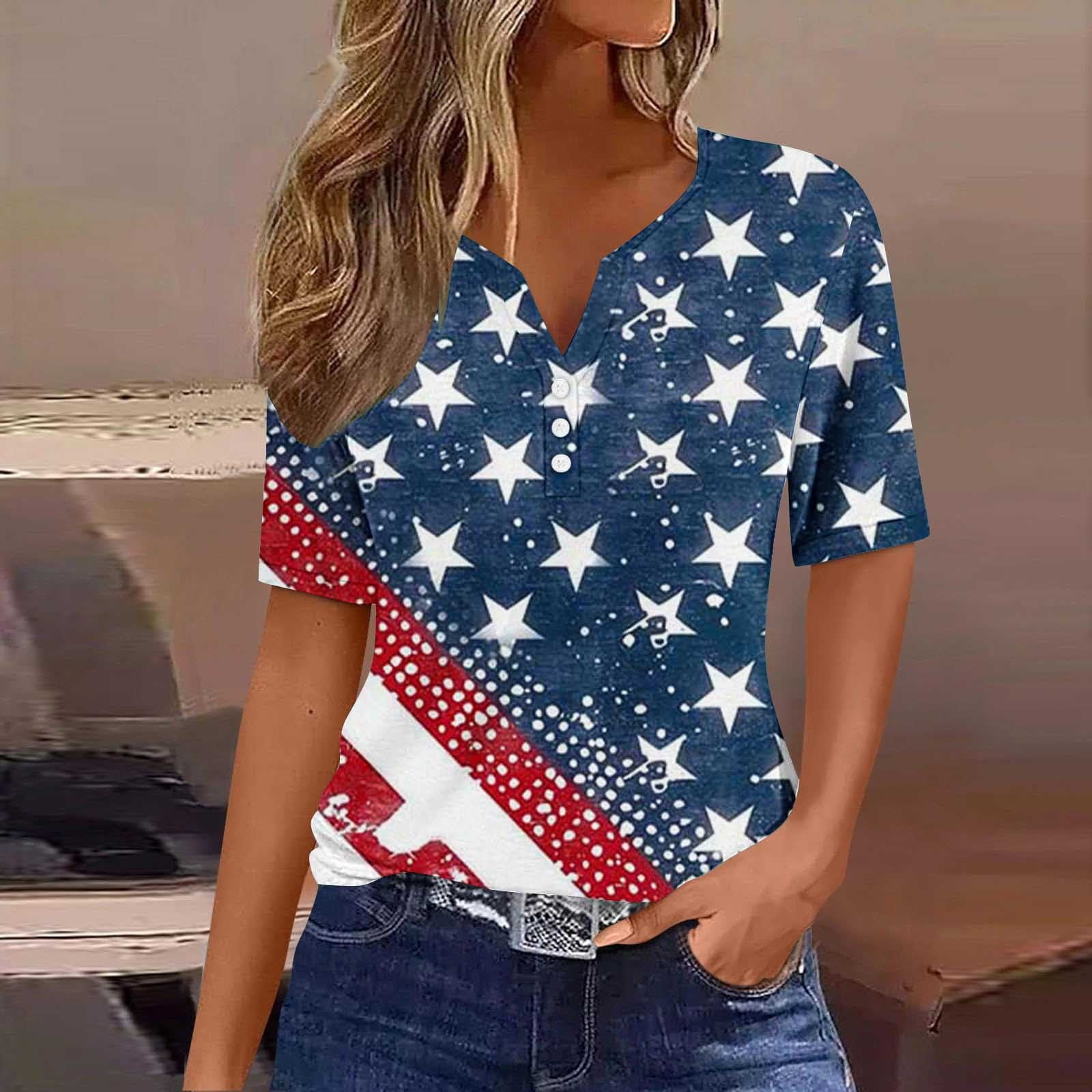 Cavosen 4th of July Shirts for Women Petite Red White and Blue Short ...