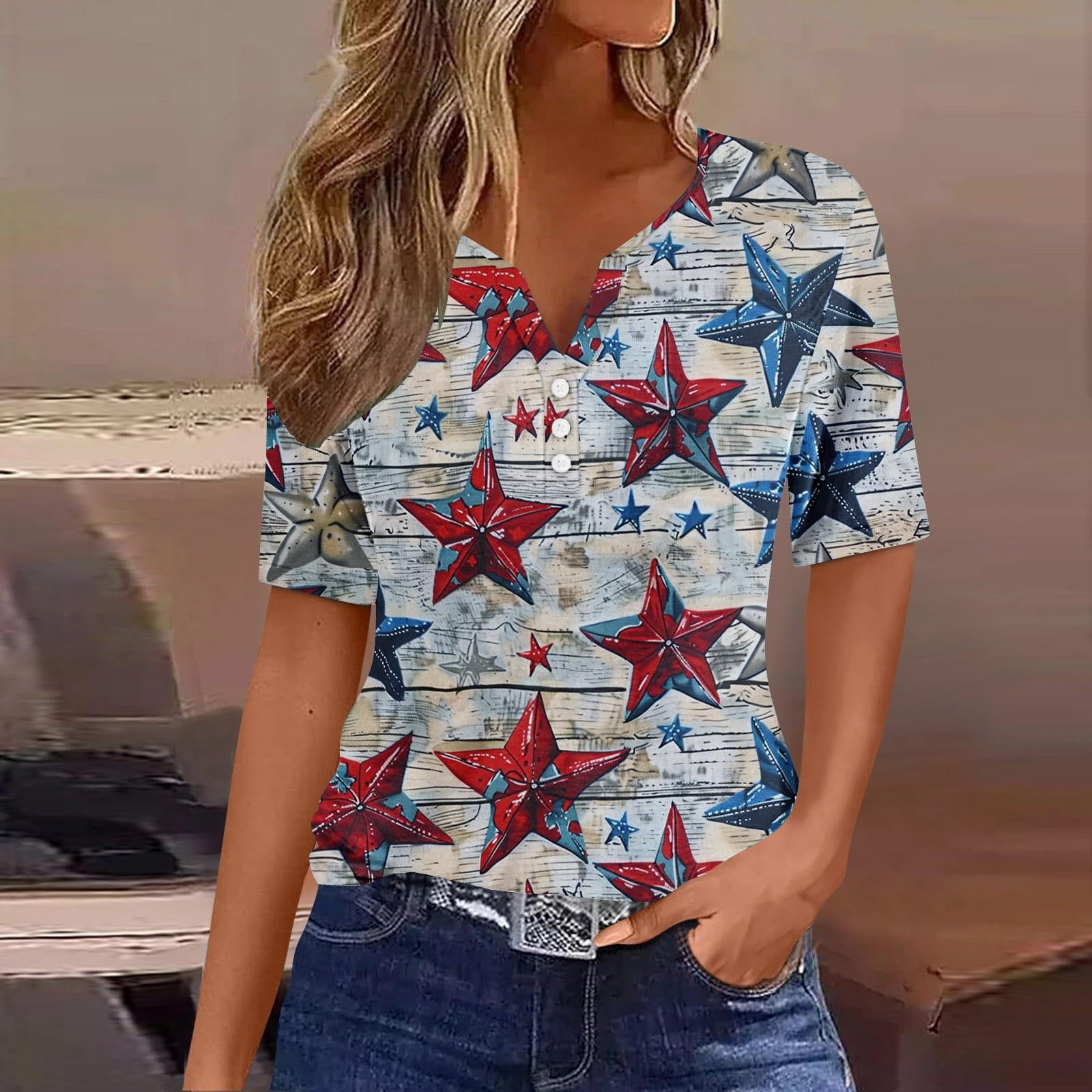 Cavosen 4th of July T Shirts Women Petite 4th of July 3/4 Sleeve V-Neck ...