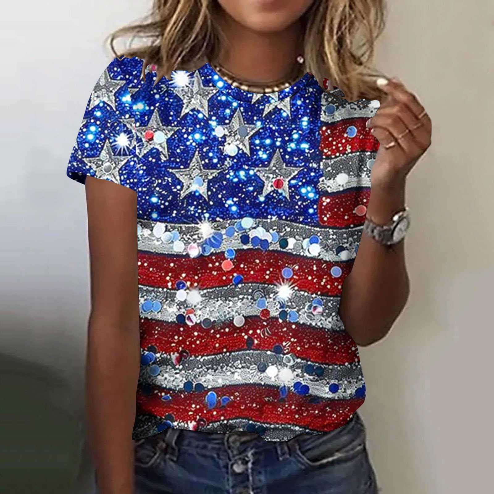 Cavosen 4th of July T Shirts Women Petite Red White and Blue Short ...