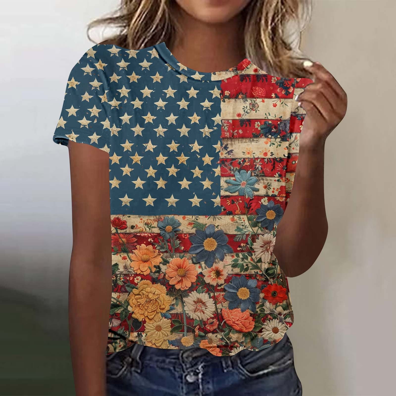 Cavosen American Flag Shirt Women Petite Red White and Blue Short ...